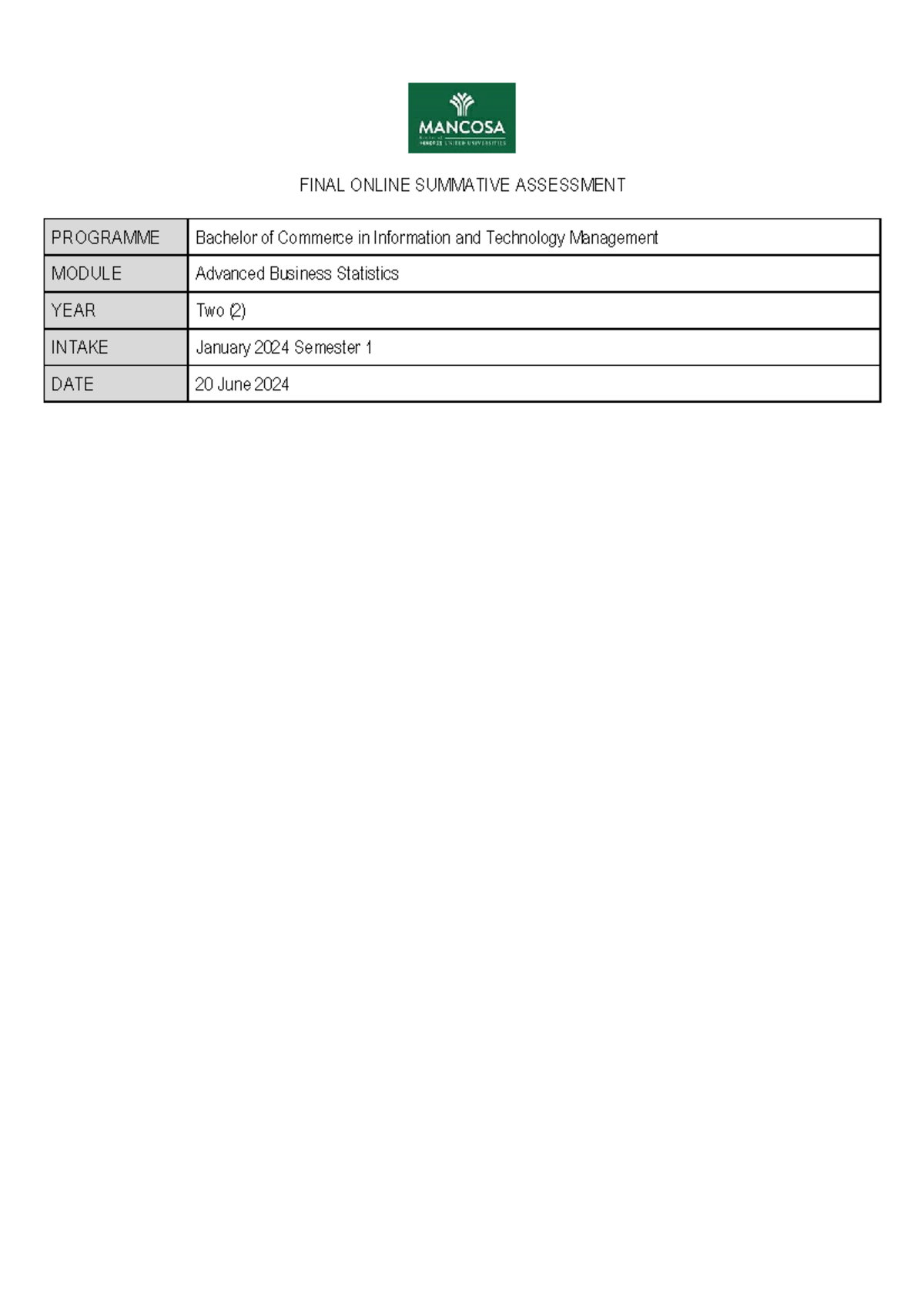 Advanced Business Statistics Final OSA June 2024 - BCom IT Management ...