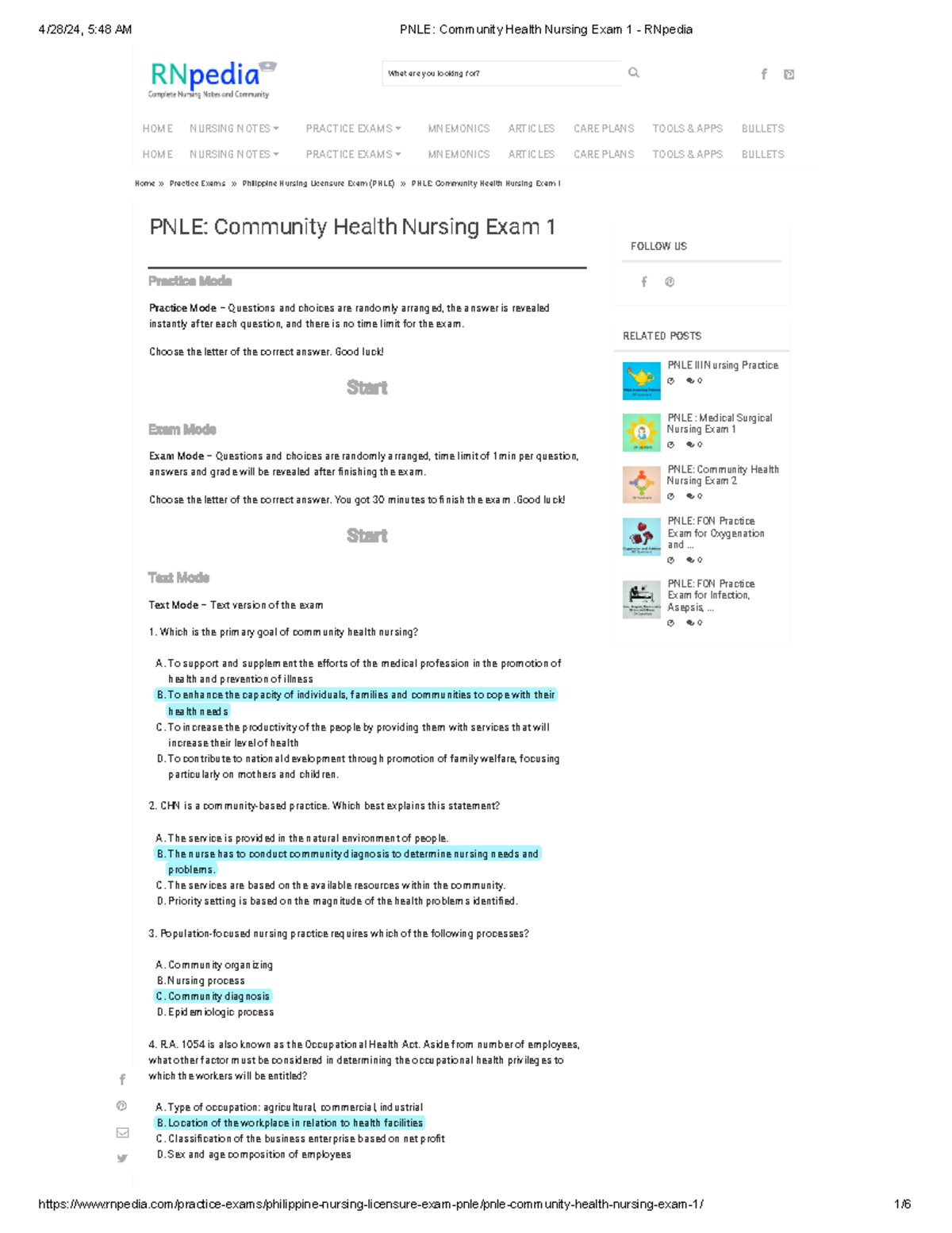 PNLE Community Health Nursing Practice Exam 1 - Study Guide - Studocu
