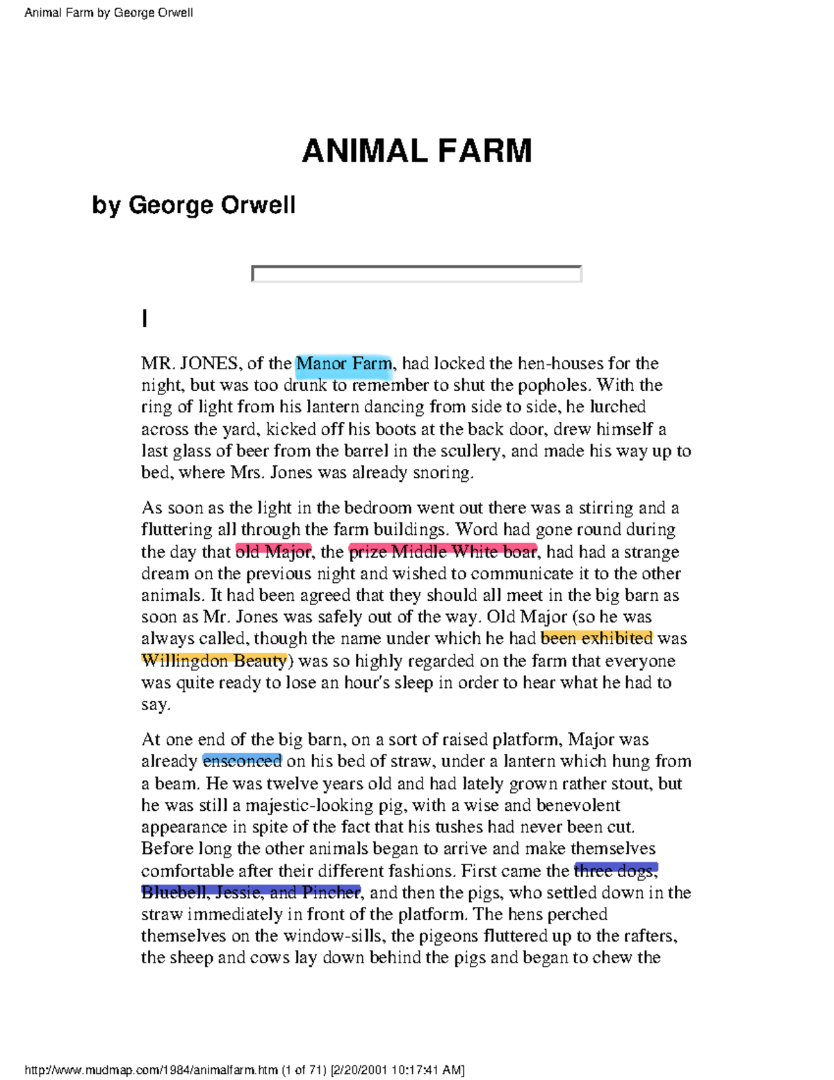 Animal Farm: Chapter 1 Summary and Analysis (ENG 101) - Studocu