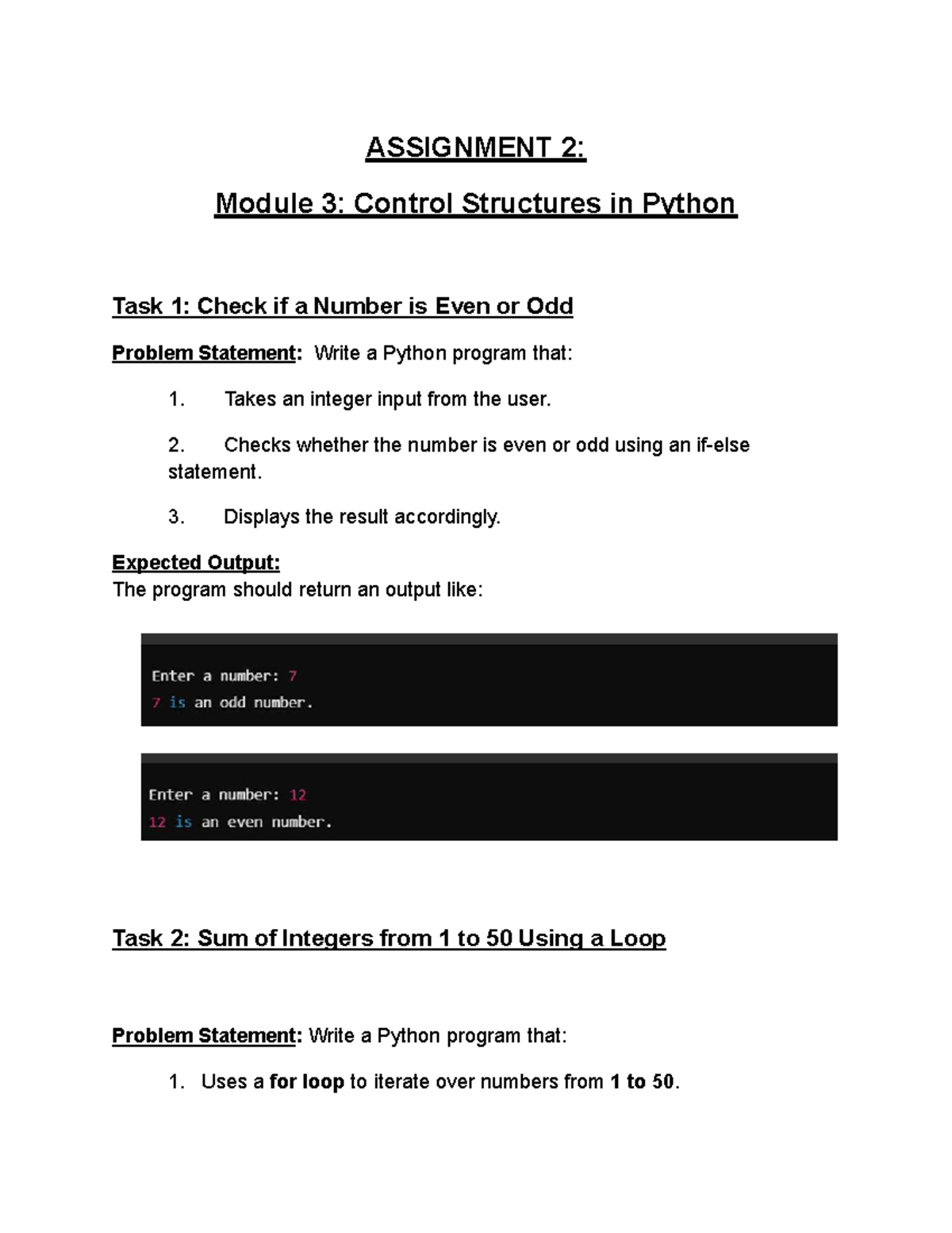 Assignment 2: Control Structures in Python - Even/Odd & Sum Tasks - Studocu