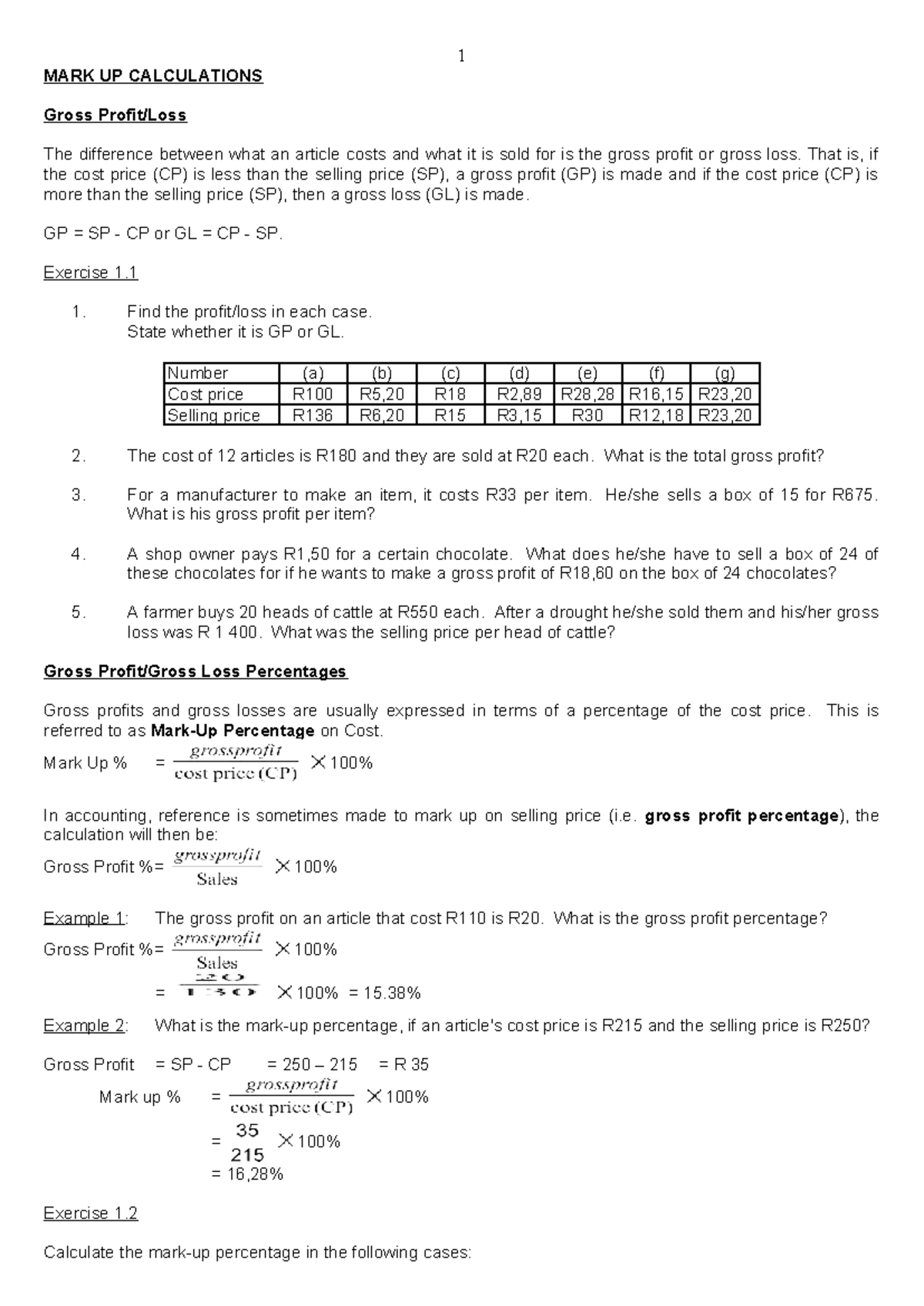 2020 Additional Mark-Up Exercises: Gross Profit & Loss Calculations ...