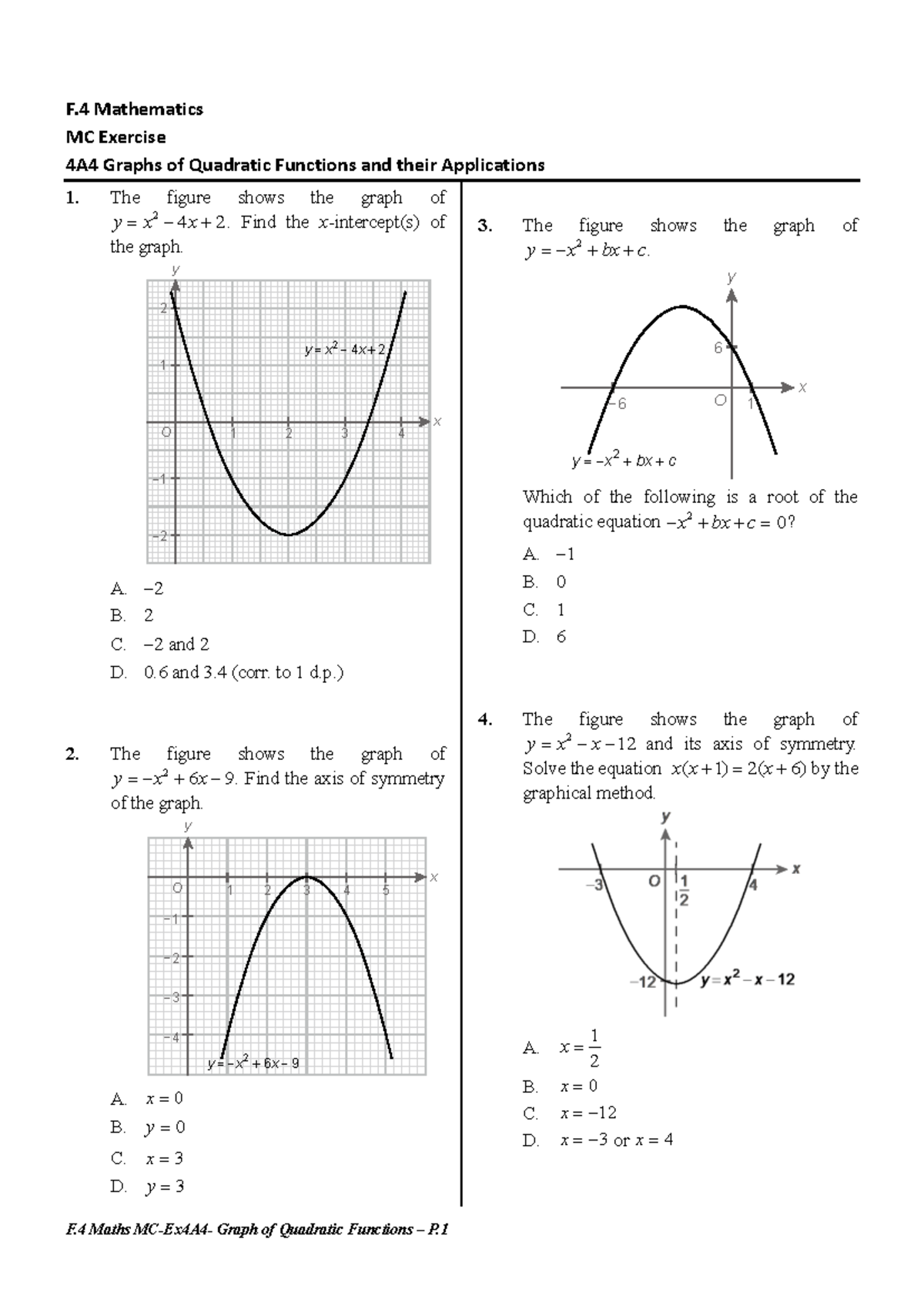 F.4 Maths MC Exercise 4A4: Graphs of Quadratic Functions - Studocu