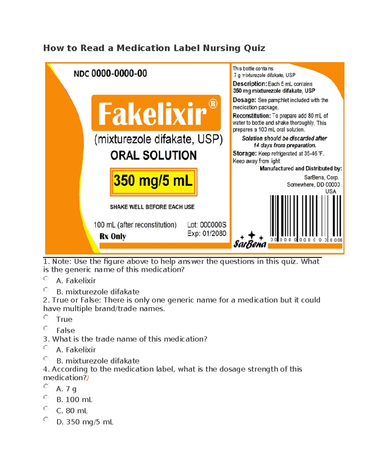 Nursing Quiz on Reading Medication Labels for Medications (NUR 101 ...