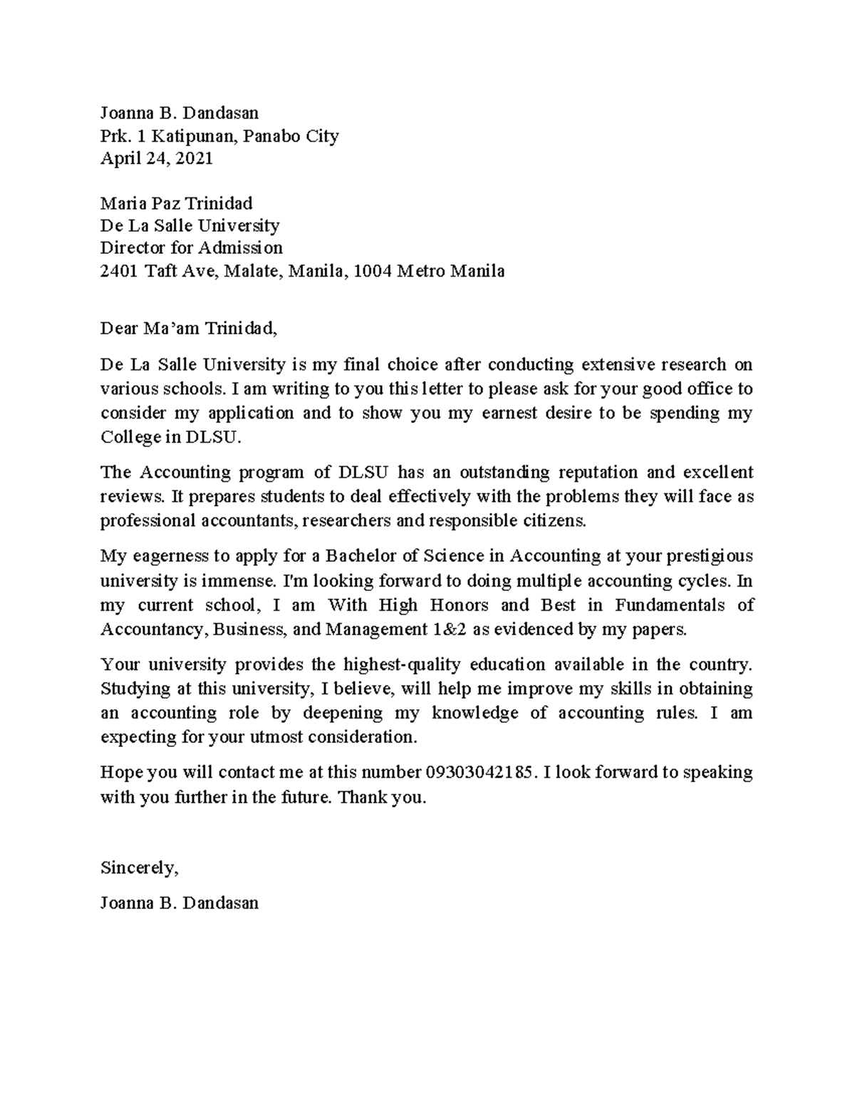 DLSU Admission Application Letter for Bachelor of Science in Accounting ...