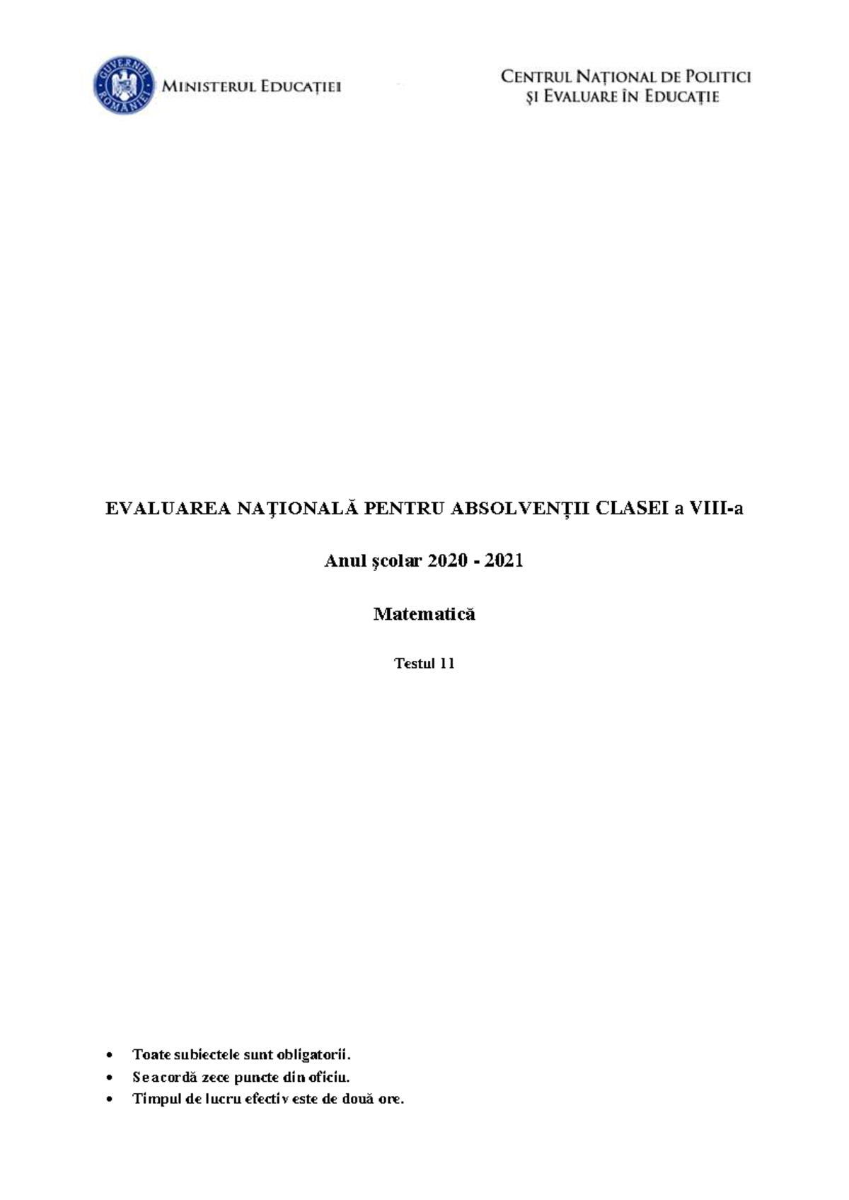Evaluarea Națională 2021 - Test 11 Matematică pentru Absolvenți - Studocu