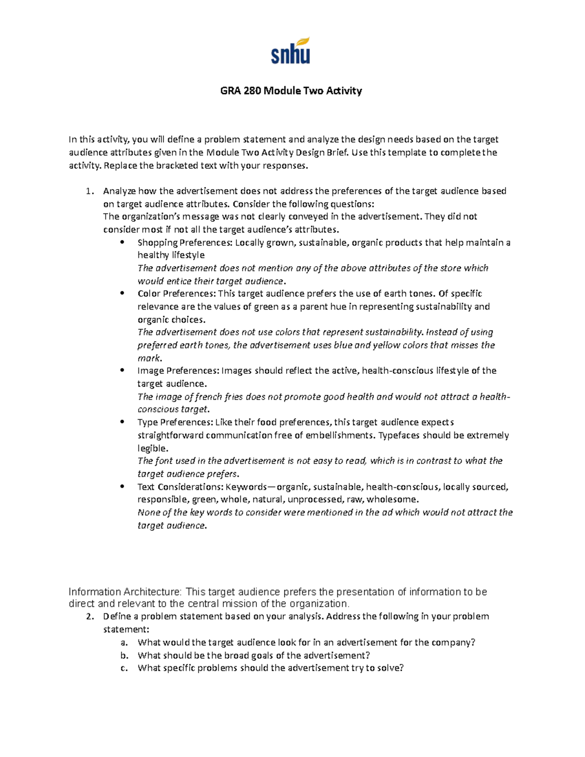 GRA 280 Module Two Activity: Target Audience Analysis & Design Needs - Studocu