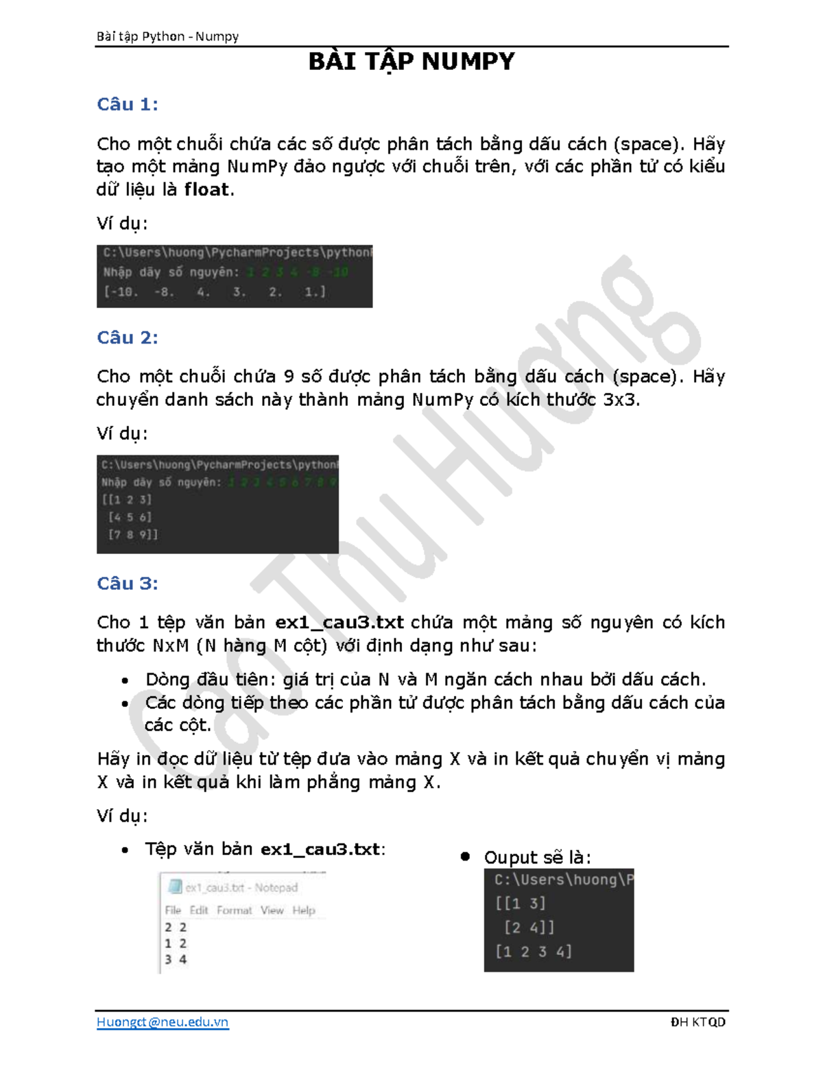 Numpy ex1 - B¿I TẬP NUMPY C‚u 1: Cho một chuỗi chứa c·c số được ph‚n t·ch bằng dấu c·ch (space ...
