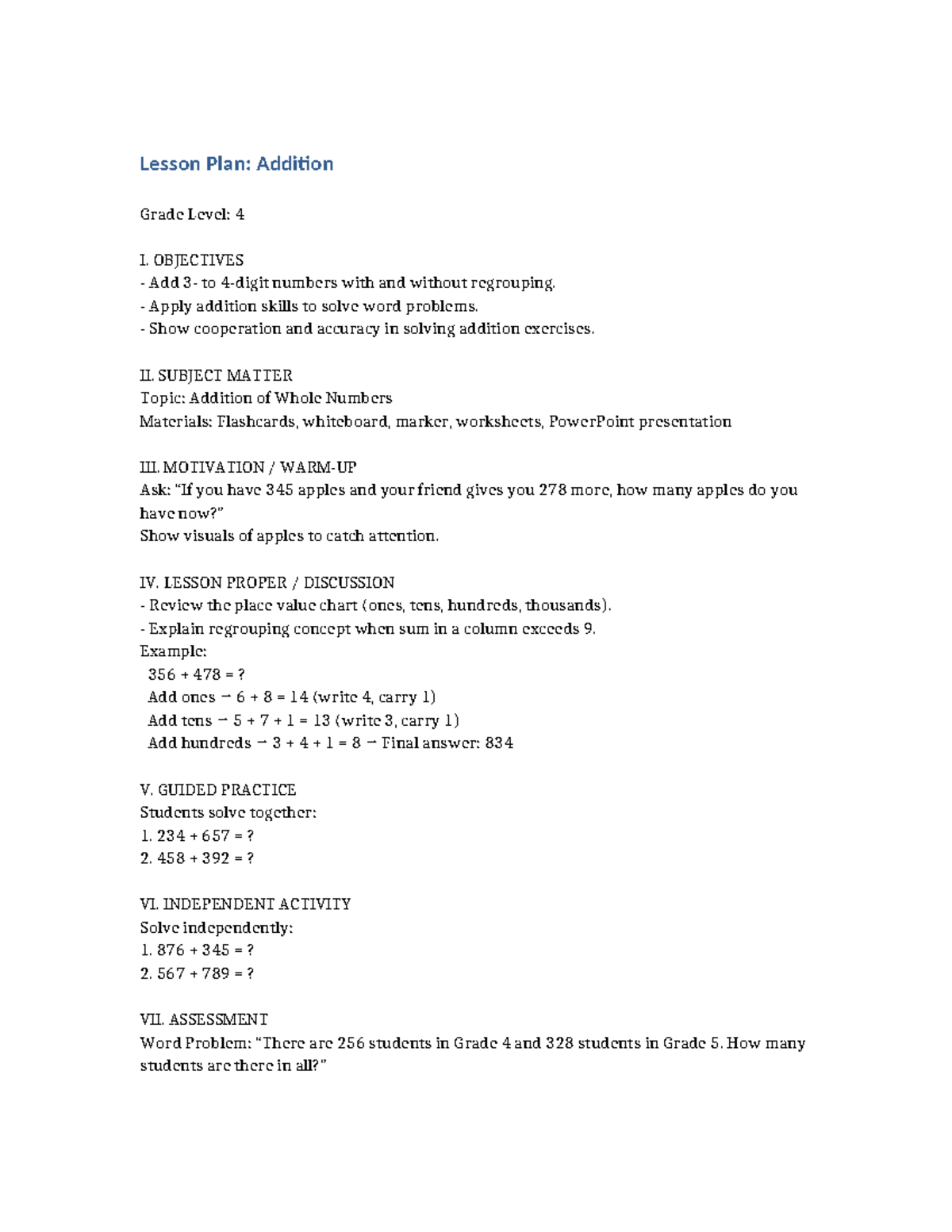 Grade 4 Addition Lesson Plan: Objectives & Activities - Studocu