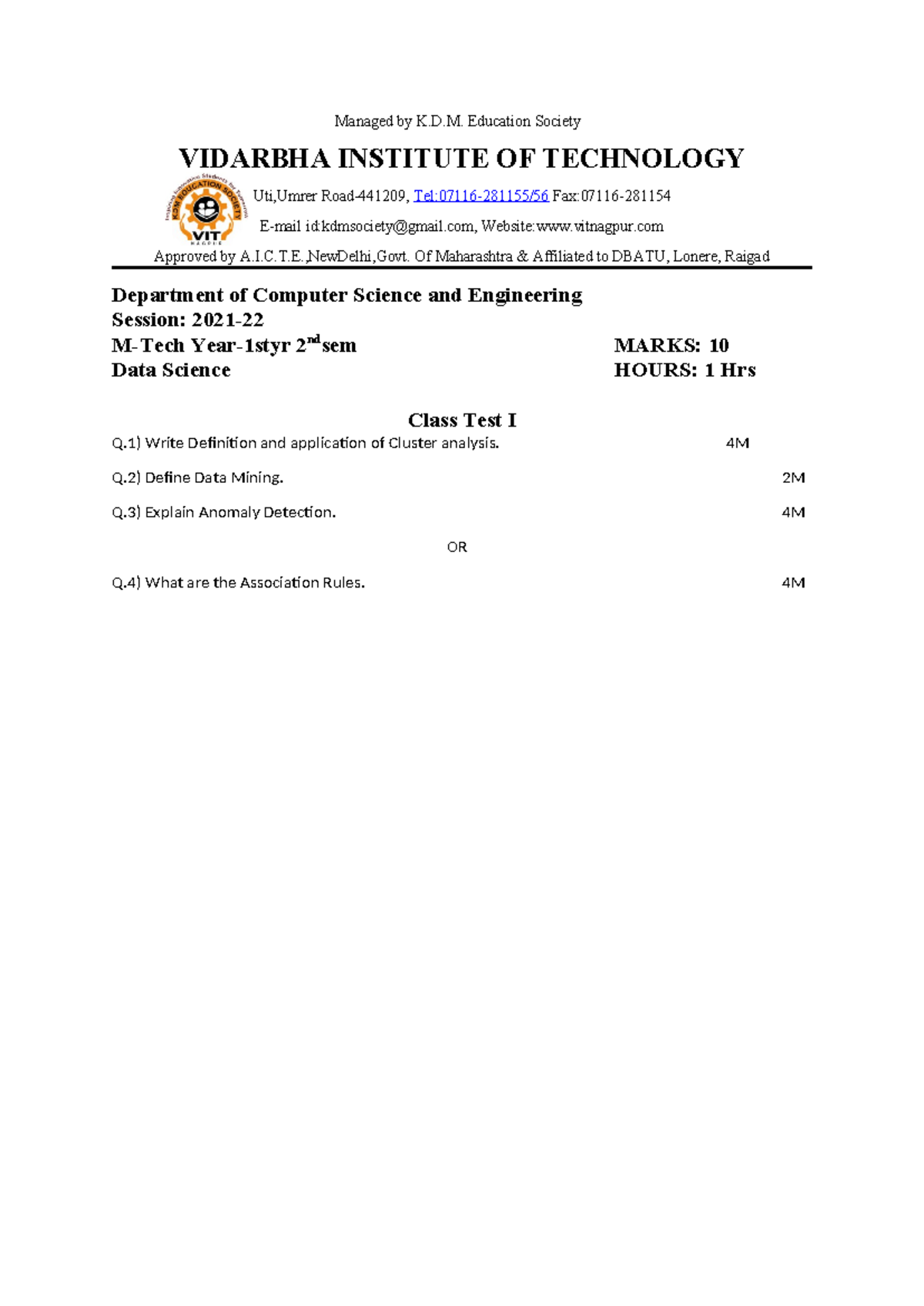 Mtech Data Science 21-22 Class test I - Managed by K.D. Education ...