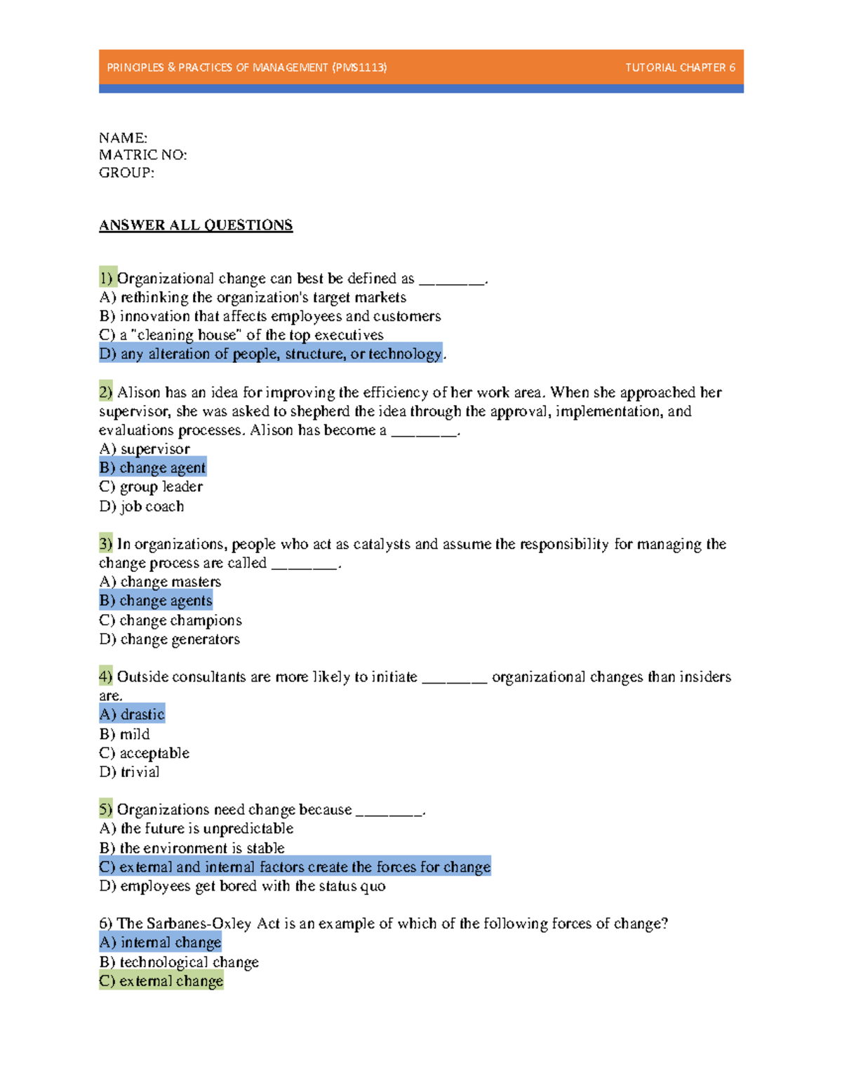 Tutorial Questions: Understanding Organizational Change (Ch. 6) - Studocu