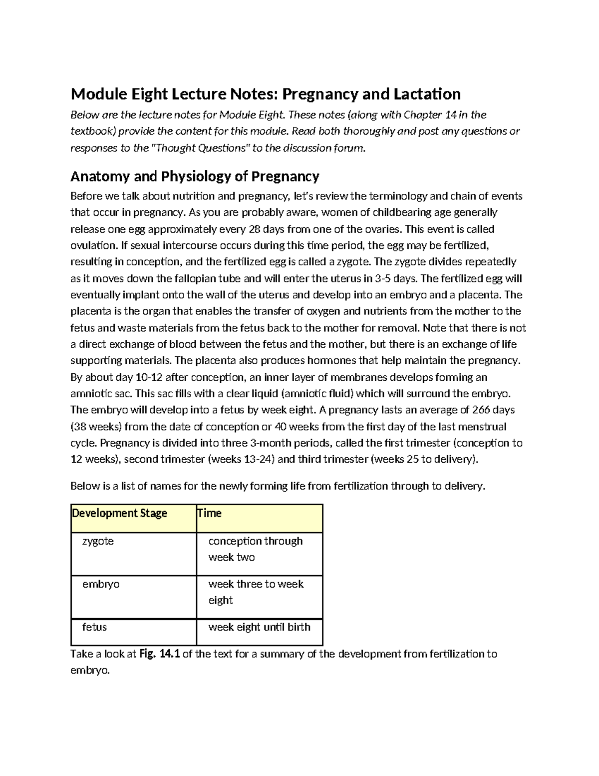 Module 8 Lecture Notes: Pregnancy & Lactation Overview (Topic 14) - Studocu
