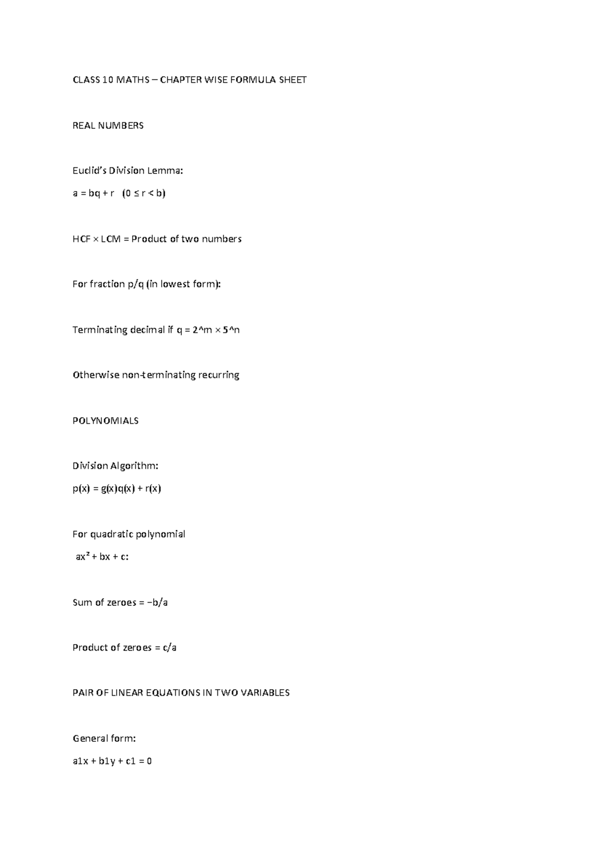 Class 10 Maths Formula Sheet: Real Numbers to Statistics - Studocu