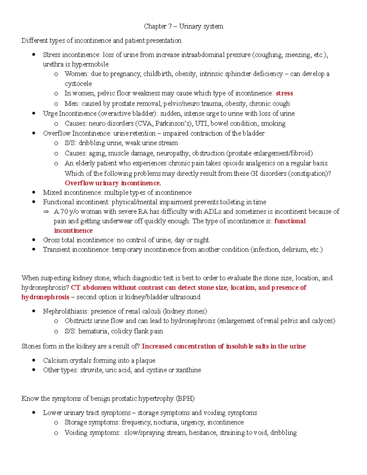 Chapter 7 Study Guide: Urinary System & Incontinence Types - Studocu