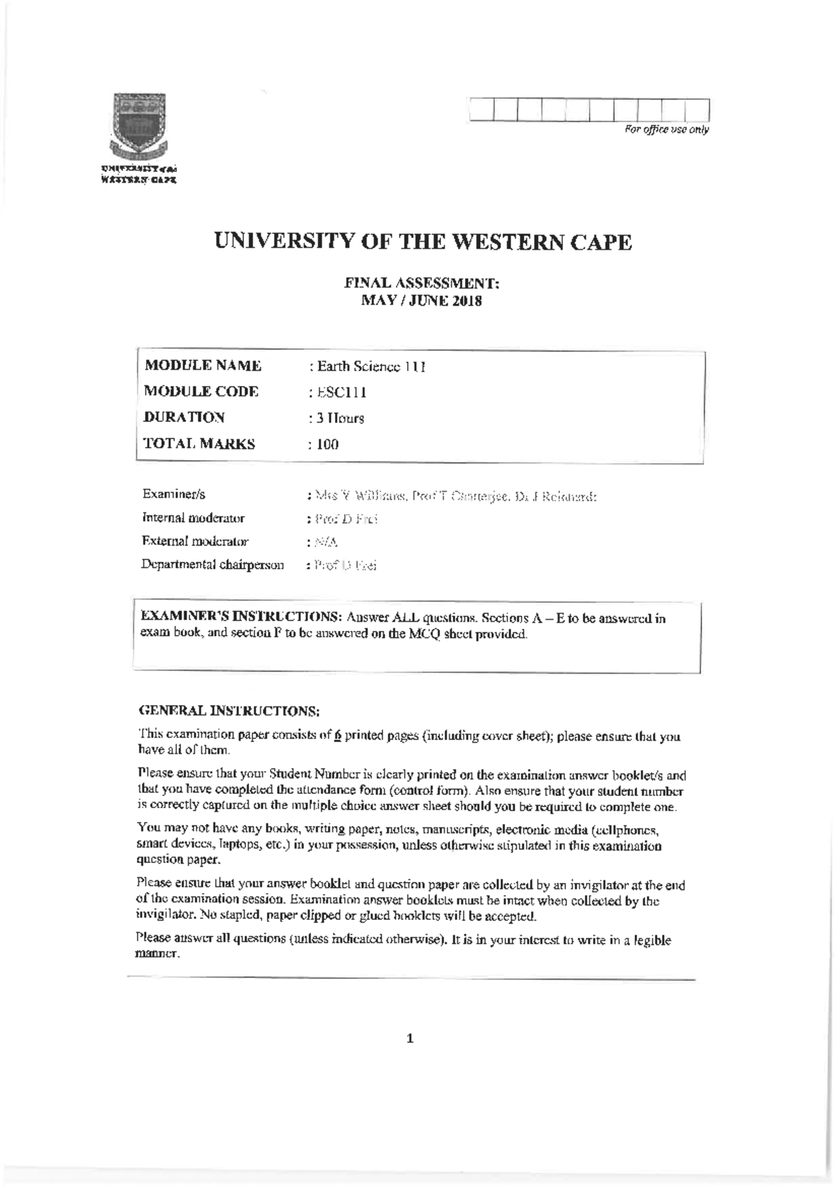 Final Assessment: Earth Science 111 - May/June 2018 - Studocu