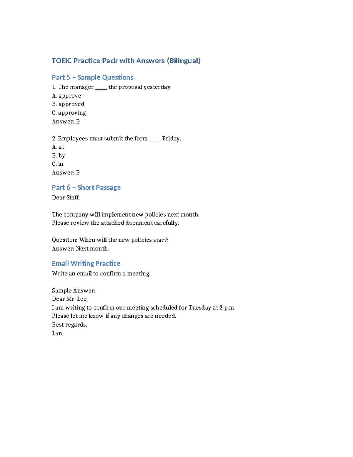 TOEIC Practice Pack with Answers: Sample Questions & Email Writing ...