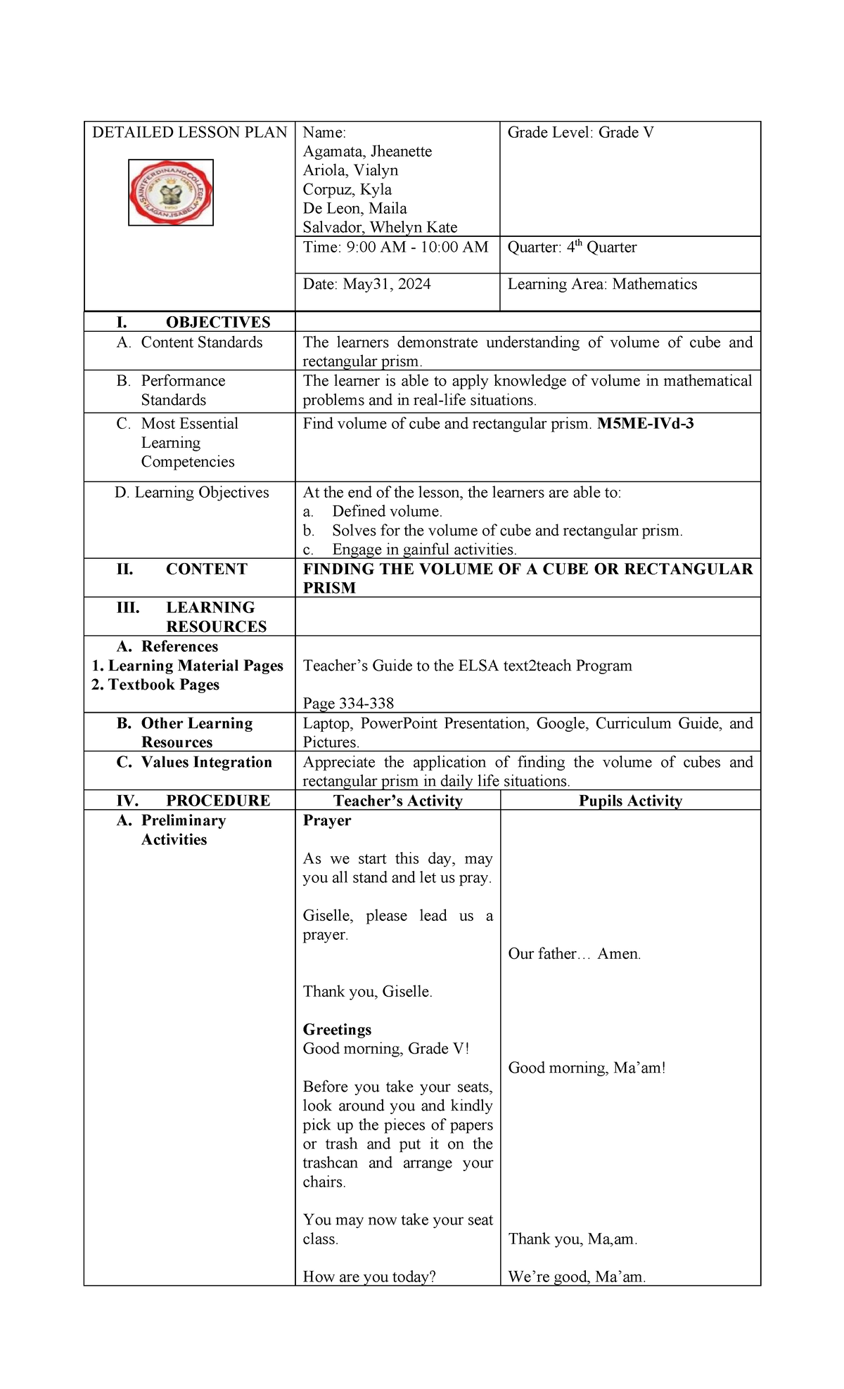 Mathematics- Lesson-PLAN.doc final 4 - DETAILED LESSON PLAN Name ...