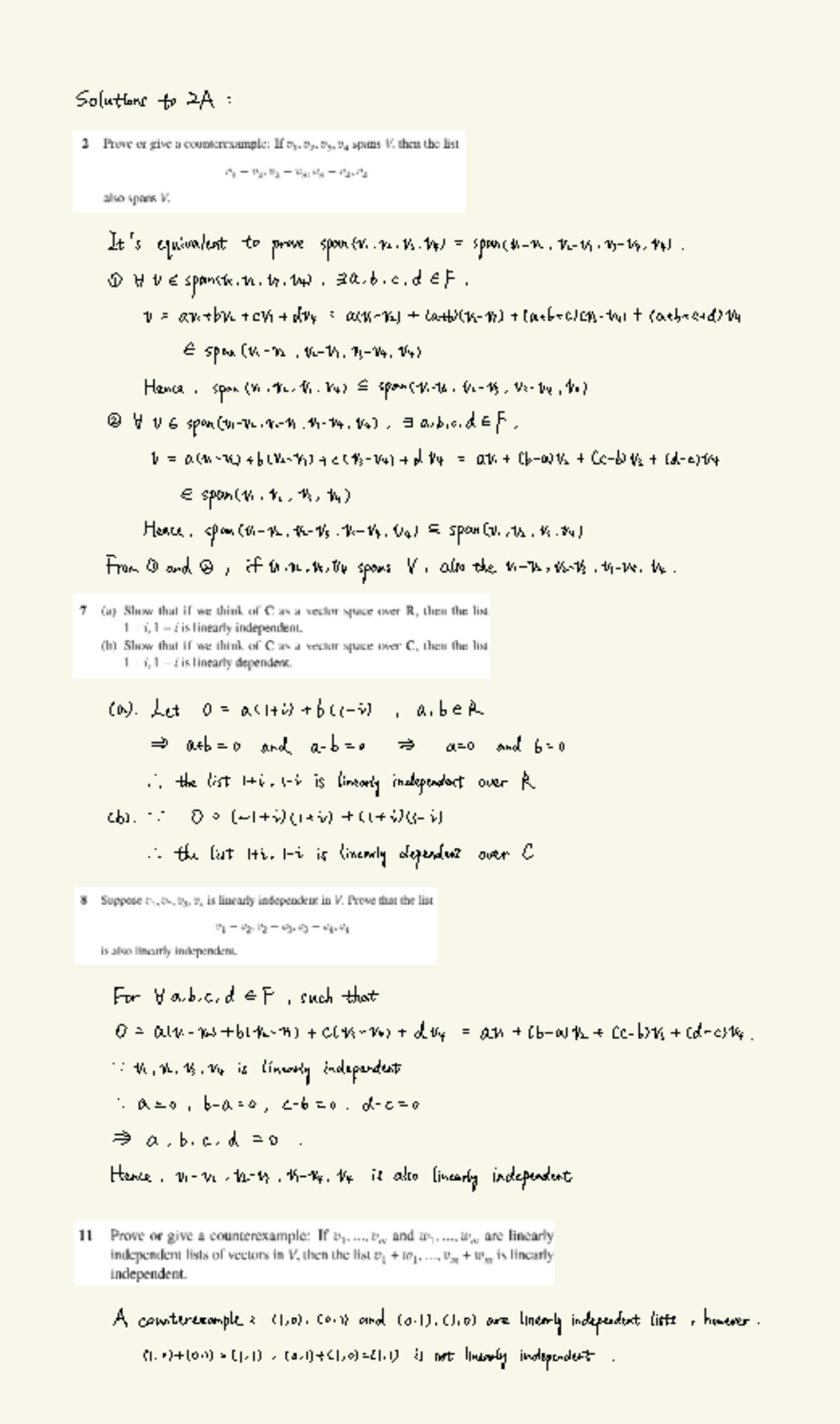 2a Solutions To Linear Algebra Exercises On Span And Independence