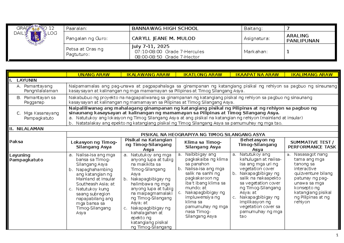 AP7 Q1 Week 1 Daily Lesson Log for Grade 7 at Bannawag High School ...