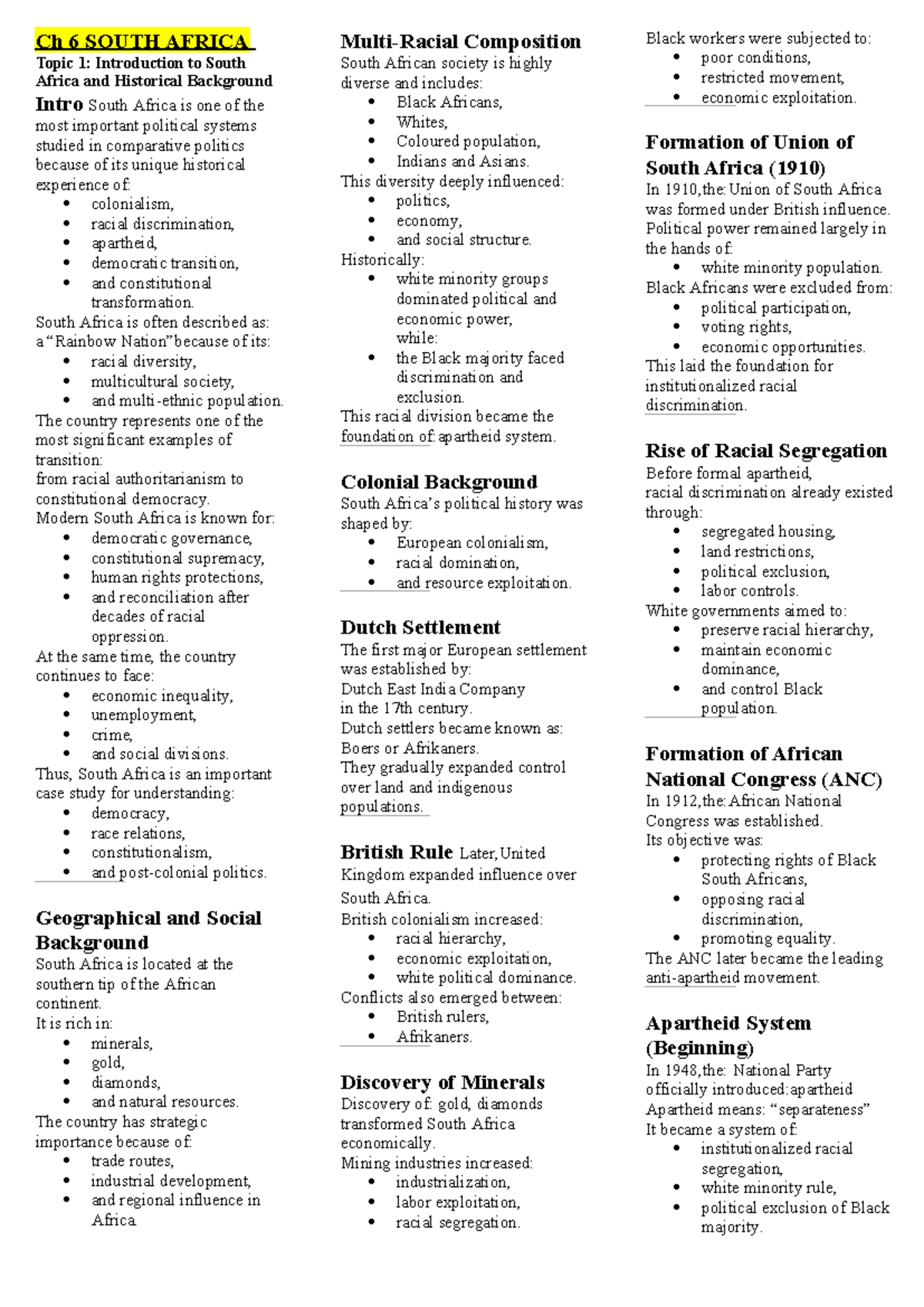 Ch 6 South Africa: Historical Background & Democratic Transition Notes ...