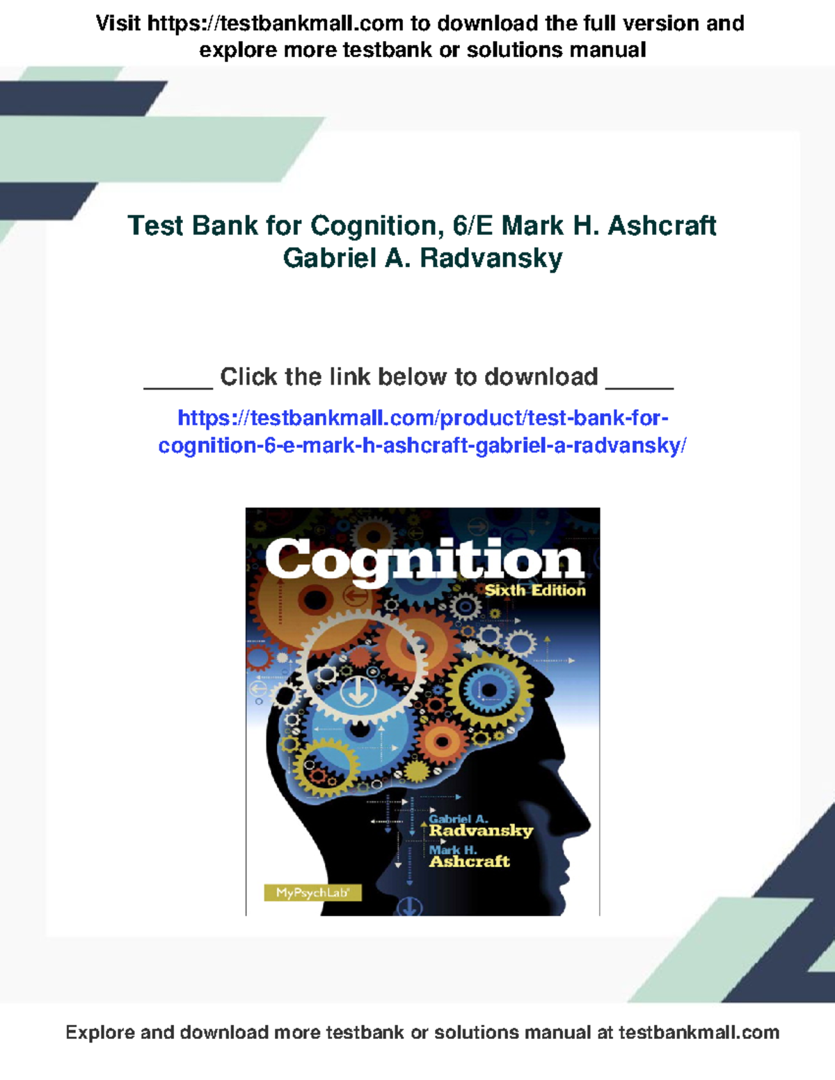 Test Bank for Cognition, 6th Edition by Ashcraft & Radvansky - Studocu