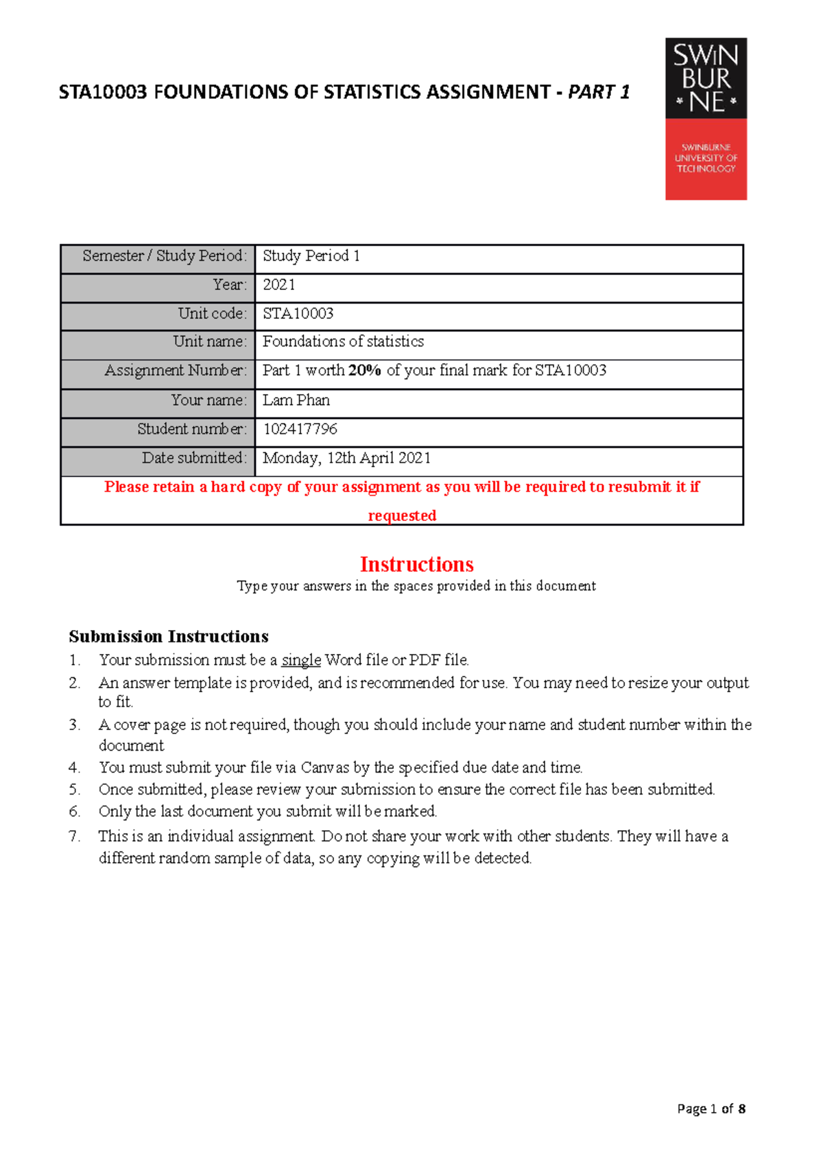 STA10003 Assignment Answer template Part1 SP1 2021 - STA10003 FOUNDATIONS OF STATISTICS ...