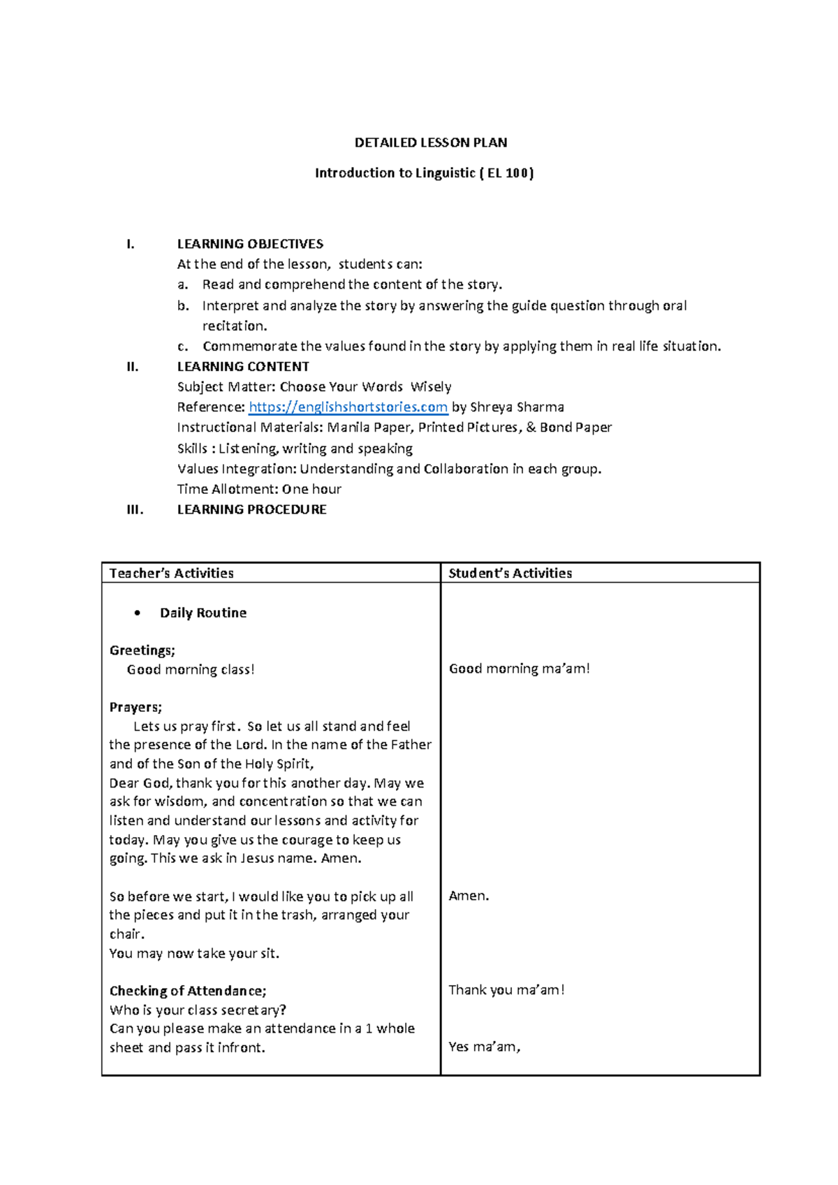 DETAILED LESSON PLAN: Introduction to Linguistics (EL 100) - Studocu