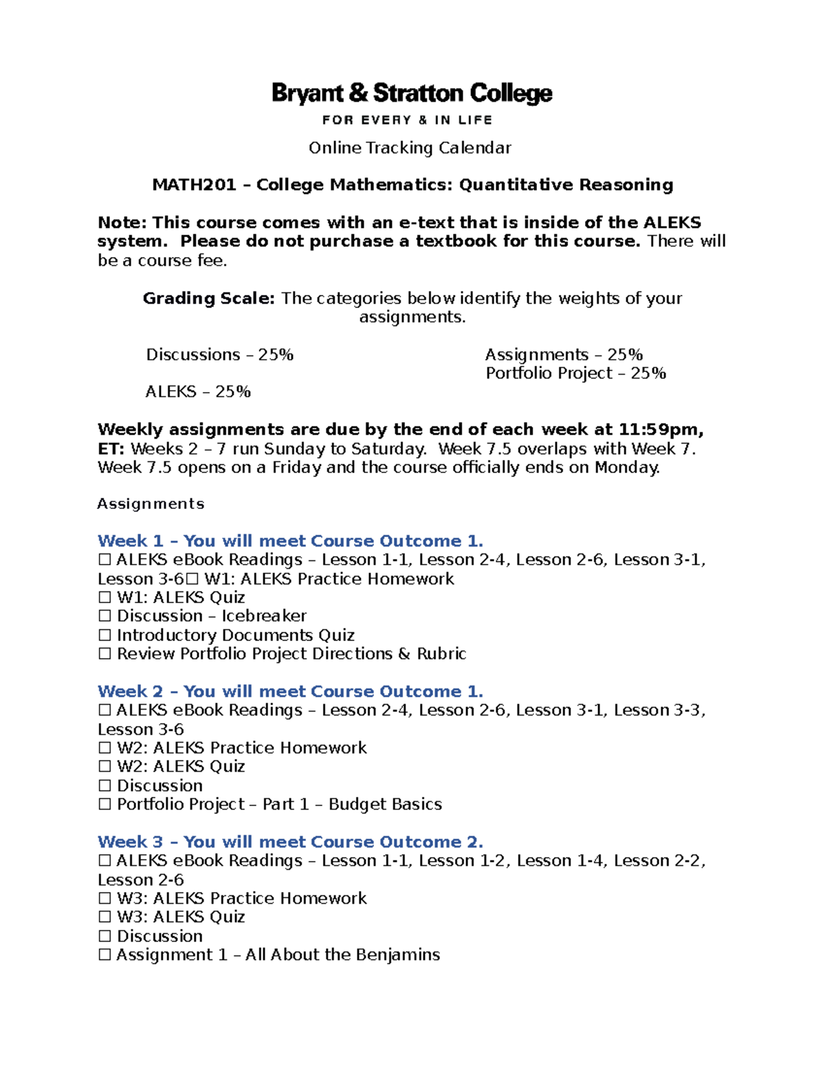 MATH201 - Online Tracking Calendar with ALEKS Assignments - Studocu