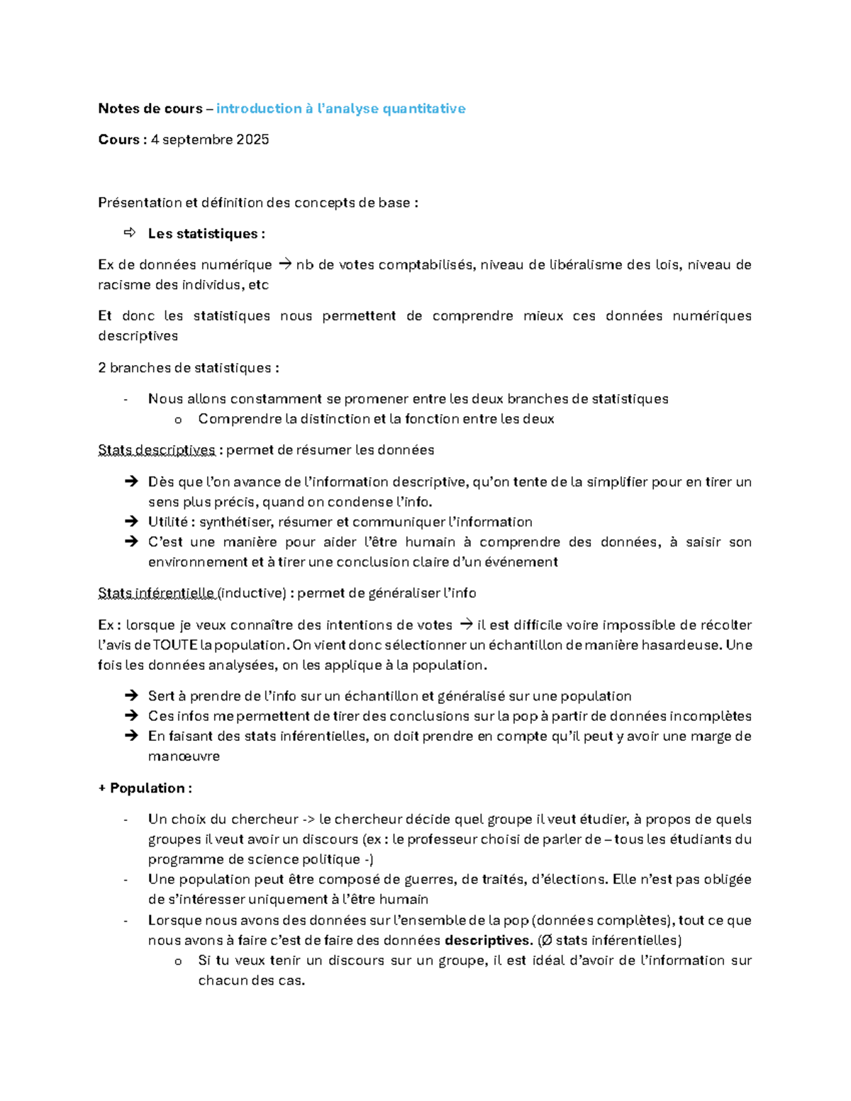 Cours 01 : Introduction à l'Analyse Quantitative et Statistiques - Studocu