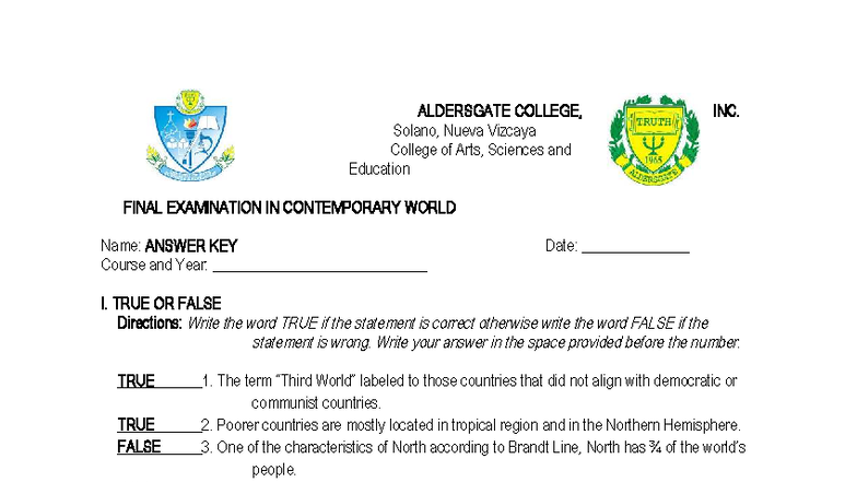 Final Exam Answer Key for Contemporary World (CW 101) - Studocu