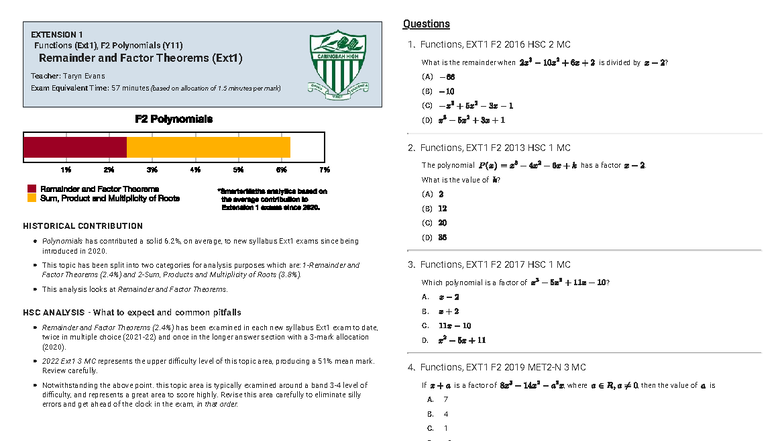 Polynomials Remainder & Factor Theorems (EXT1 F2) Exam Guide - Studocu