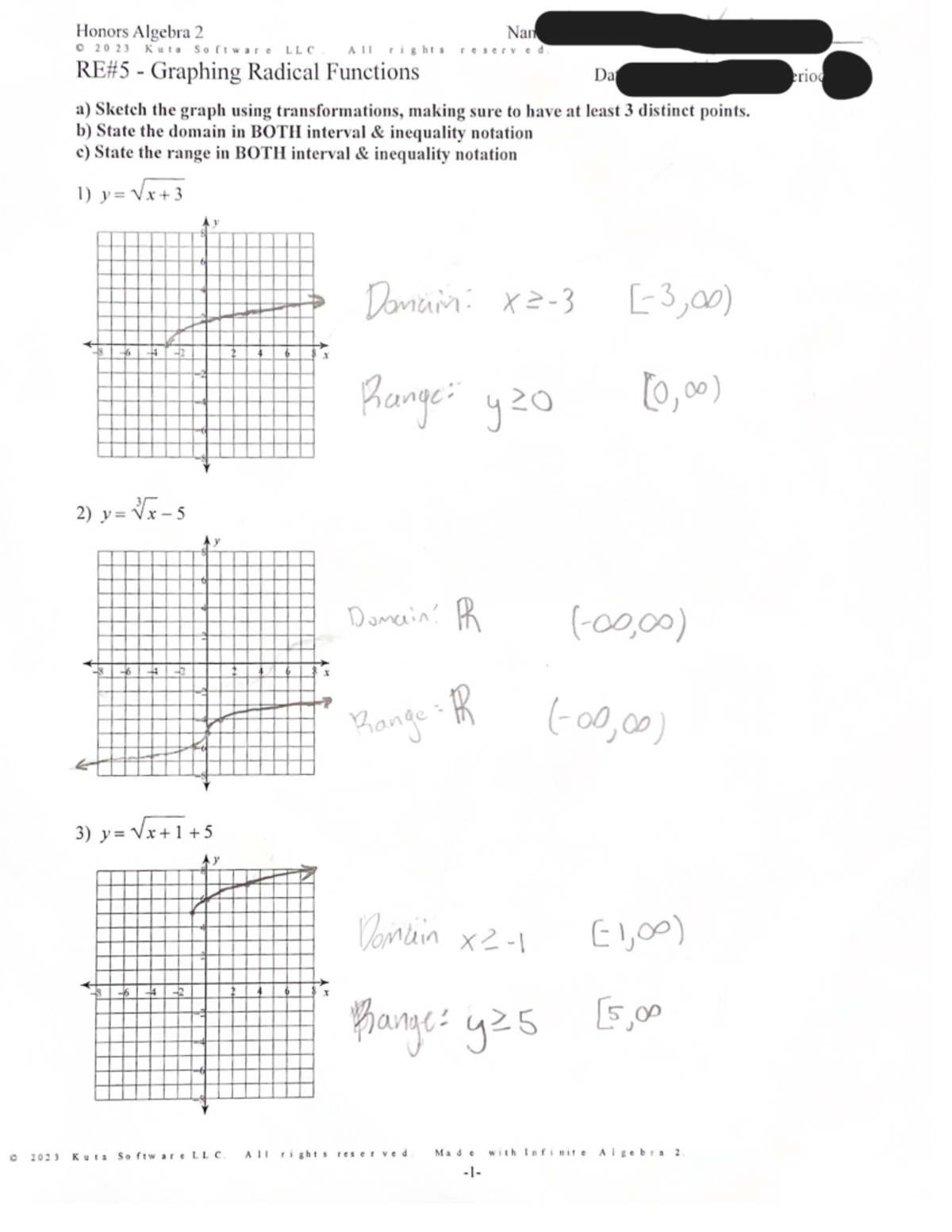 Honors Algebra 2 RE#5 Homework Answers on Graphing Radical Functions ...