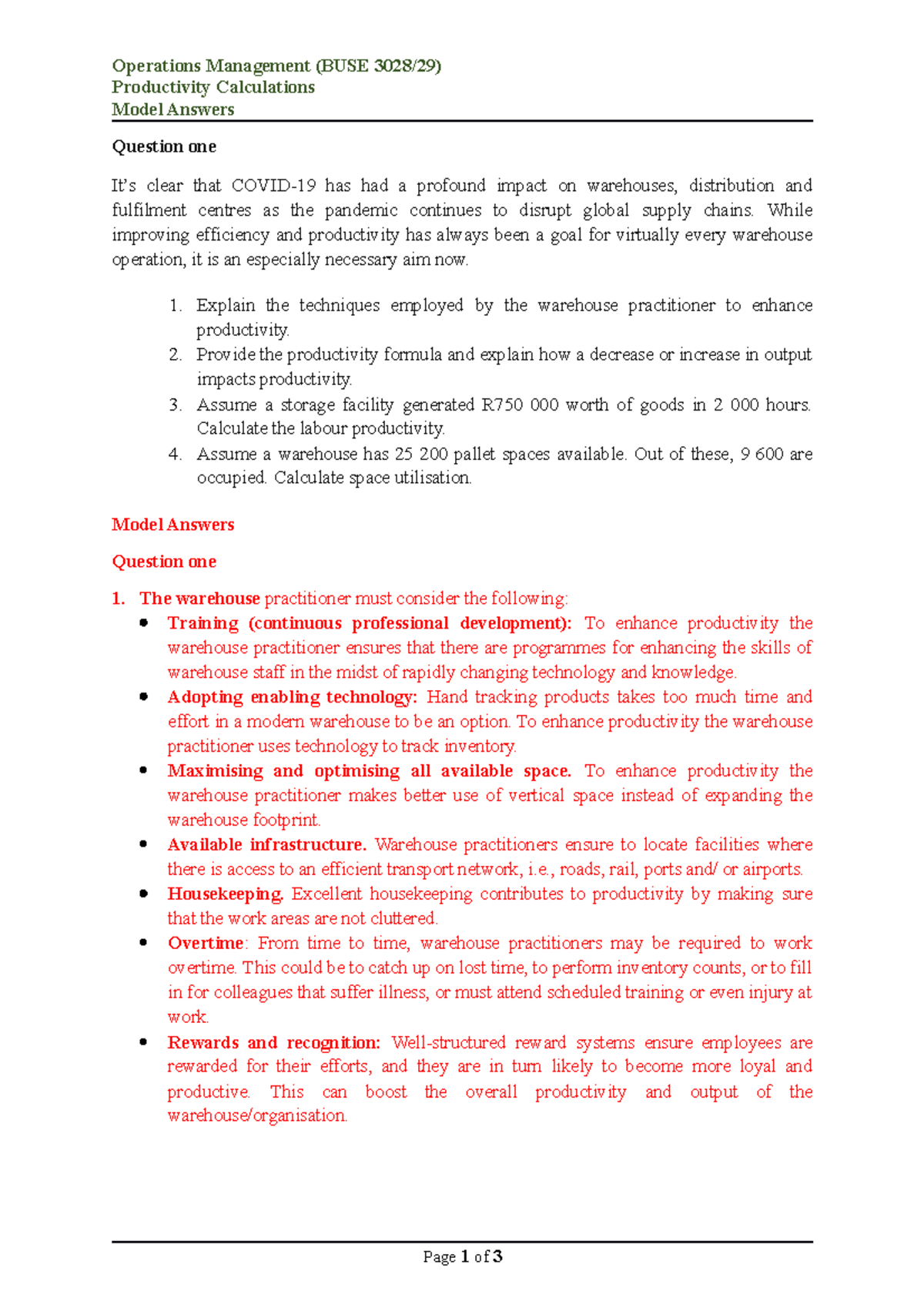 Model Answers for Productivity Calculations in Operations (BUSE 3028/29 ...