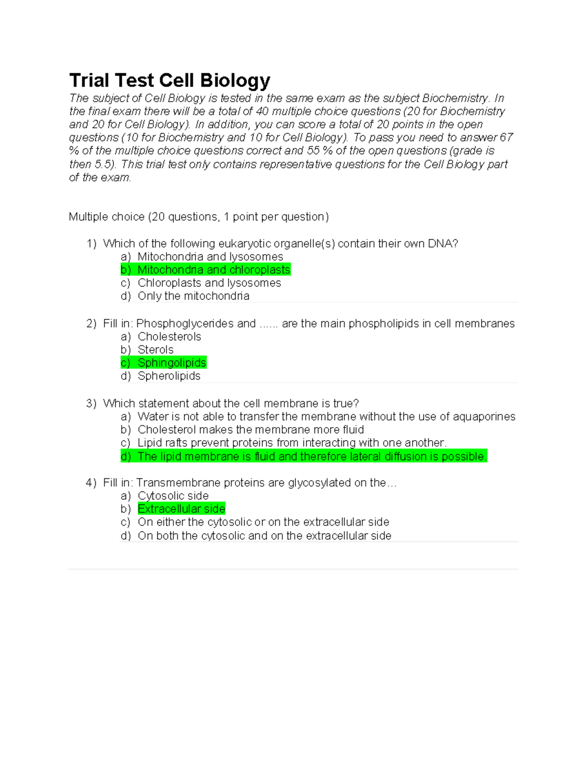 Trial Test Cell Biology (CB 101) - Answers and Key Concepts - Studeersnel