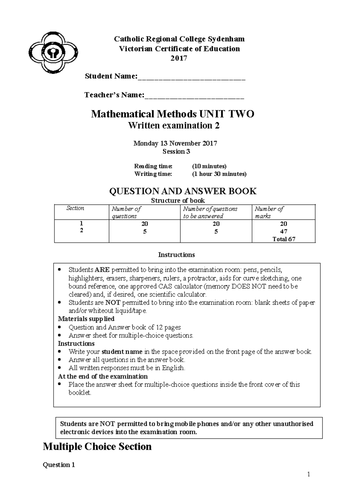 Revision Methods Exam 2 Unit 2 2017 - Catholic Regional College ...