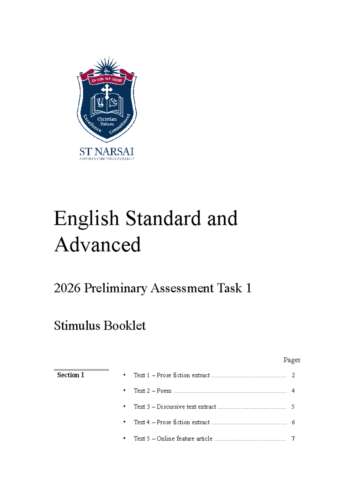 AT1 2026 Year 11 English Standard & Advanced Stimulus Booklet - Studocu