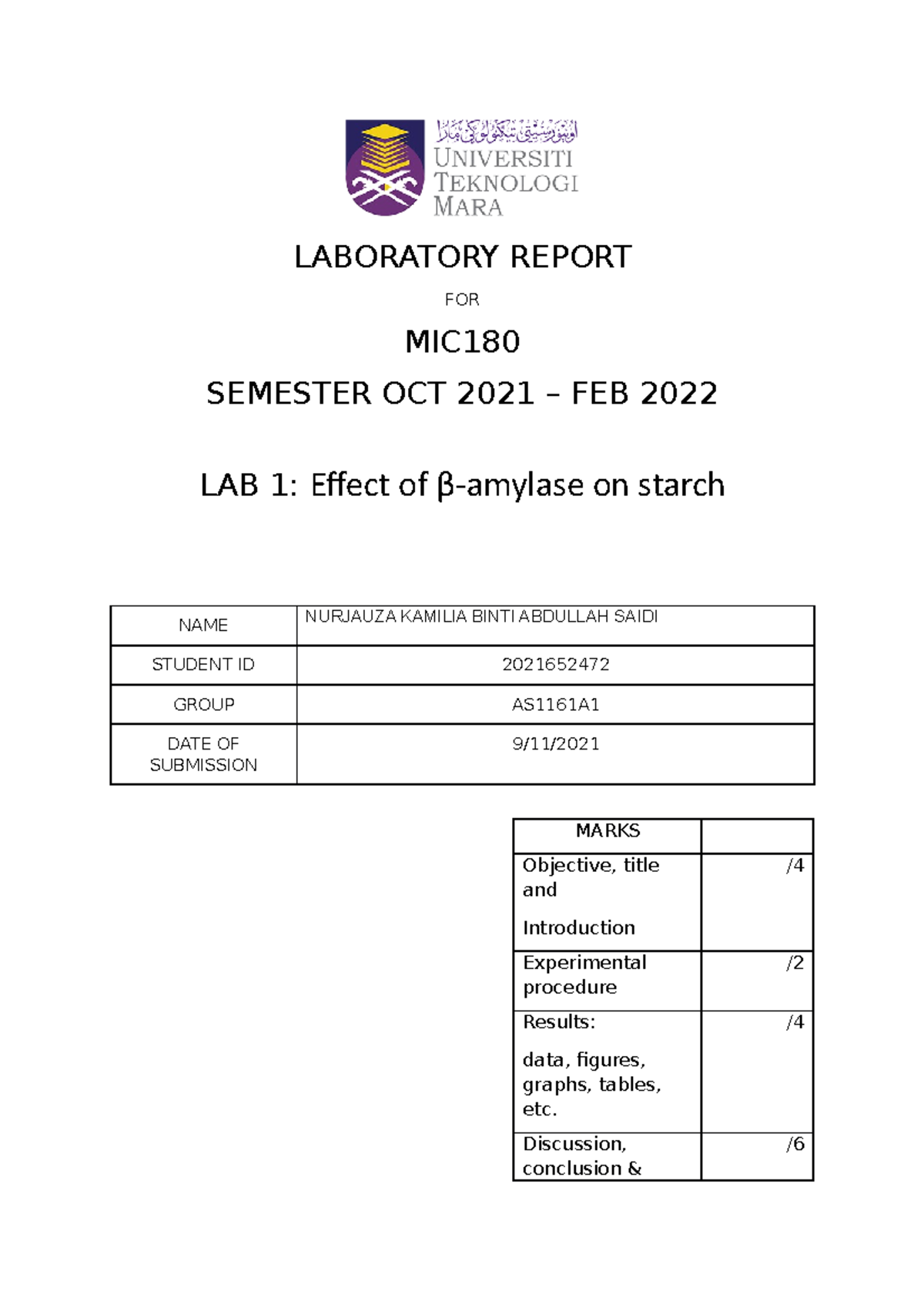 LAB REPORT 1: Impact of β-Amylase on Starch Hydrolysis - Studocu