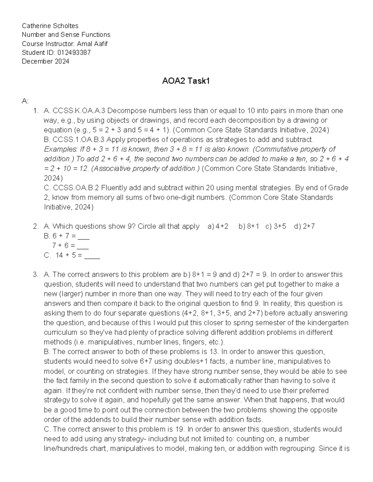 AOA2 Task1 - AOA2 Task 1 on Number Sense and Functions for elementary ...