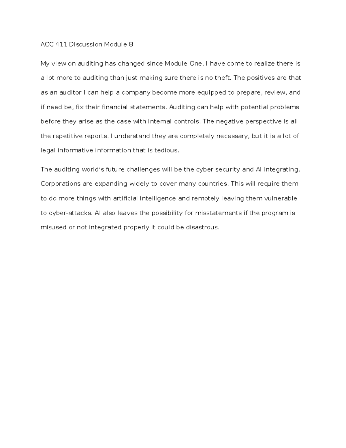 ACC 411 Discussion Insights: Module 8 Reflections on Auditing - Studocu