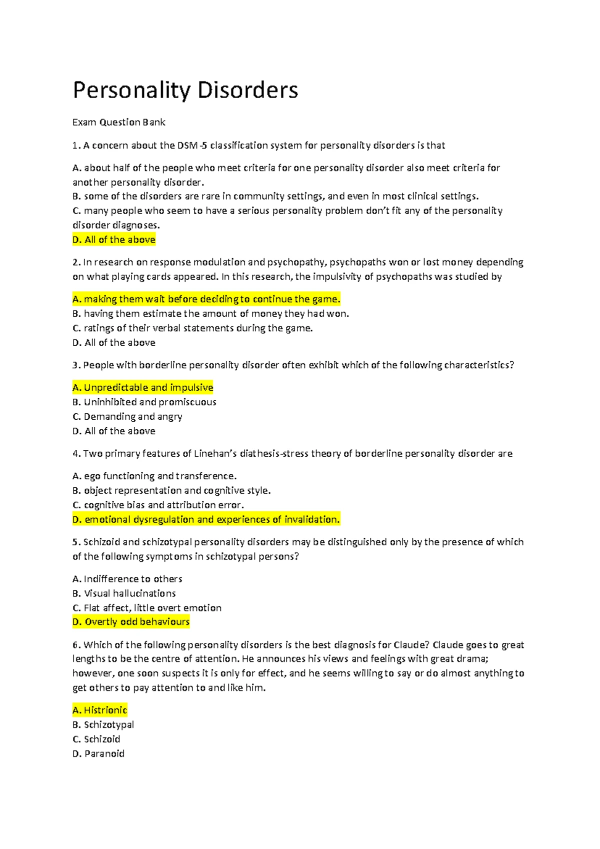 Lippincott NCLEX Personality Disorders Study Guide - Studocu