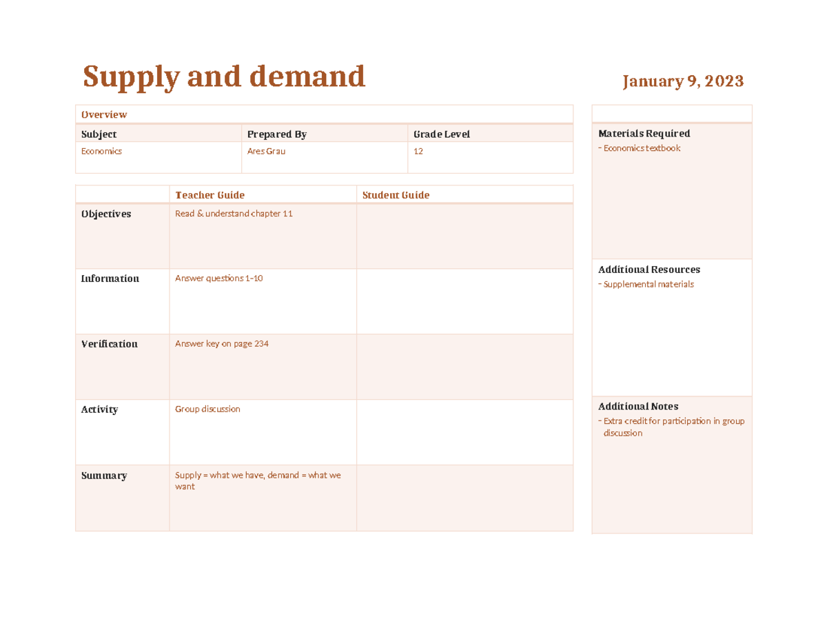 Daily lesson planner template - Supply and demand January 9, 2023 ...