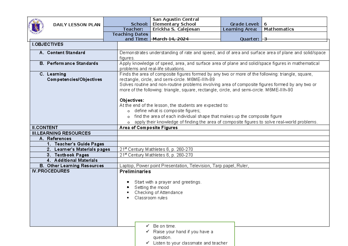 DEMO 2- MATH 6 - lesson plan in mathematics - I A. Content Standard ...