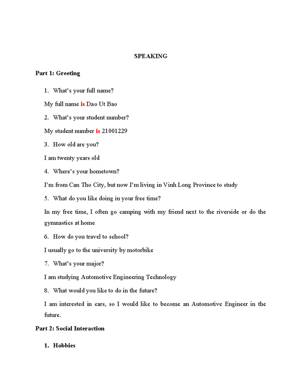 SPEAKING Part 1: Personal Introduction and Hobbies Overview - Studocu