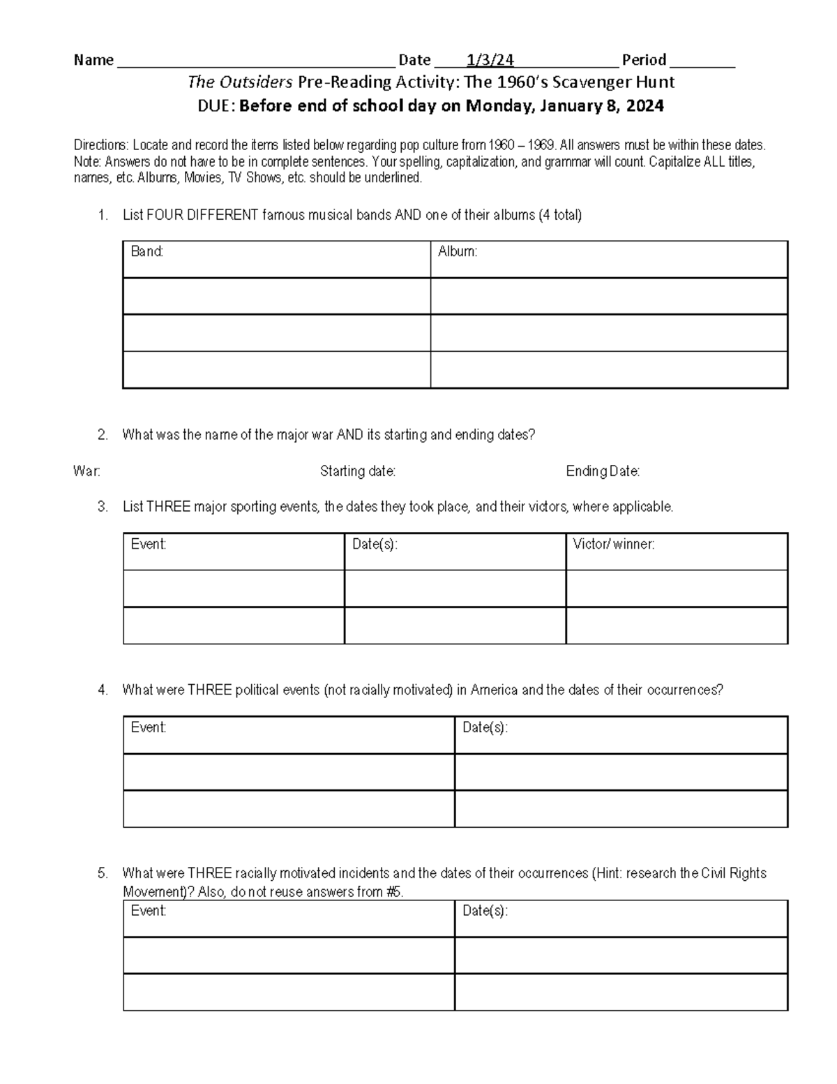 1960's Scavenger Hunt Activity: Pop Culture Exploration - Studocu