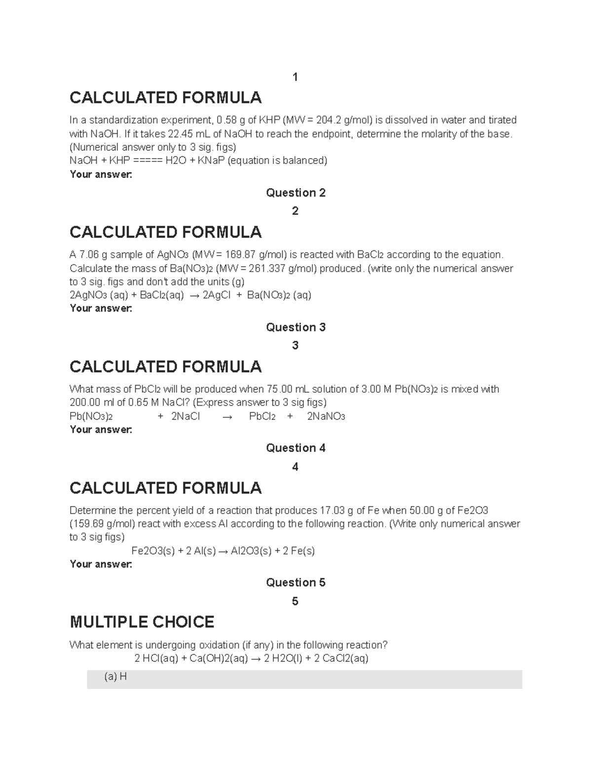 Practice Past Exam 3: Calculated Formulas and Multiple Choice Questions ...