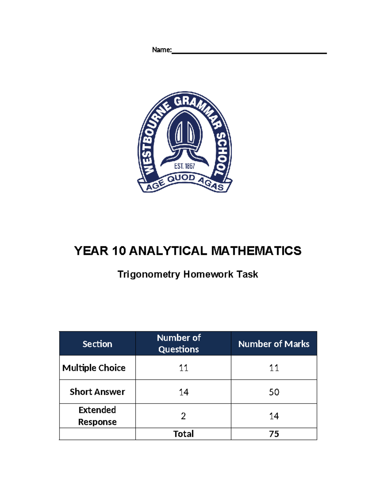 YEAR 10 ANALYTICAL MATHS (Trigonometry) Homework Task & Solutions - Studocu