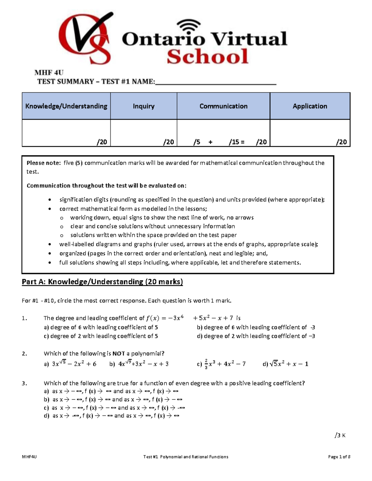 MHF4U-20 Test #1: Polynomials and Rational Functions Review - Studocu