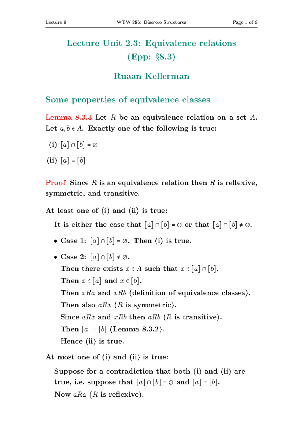 WTW 285 Lecture 09: Equivalence Relations & Modular Arithmetic - Studocu