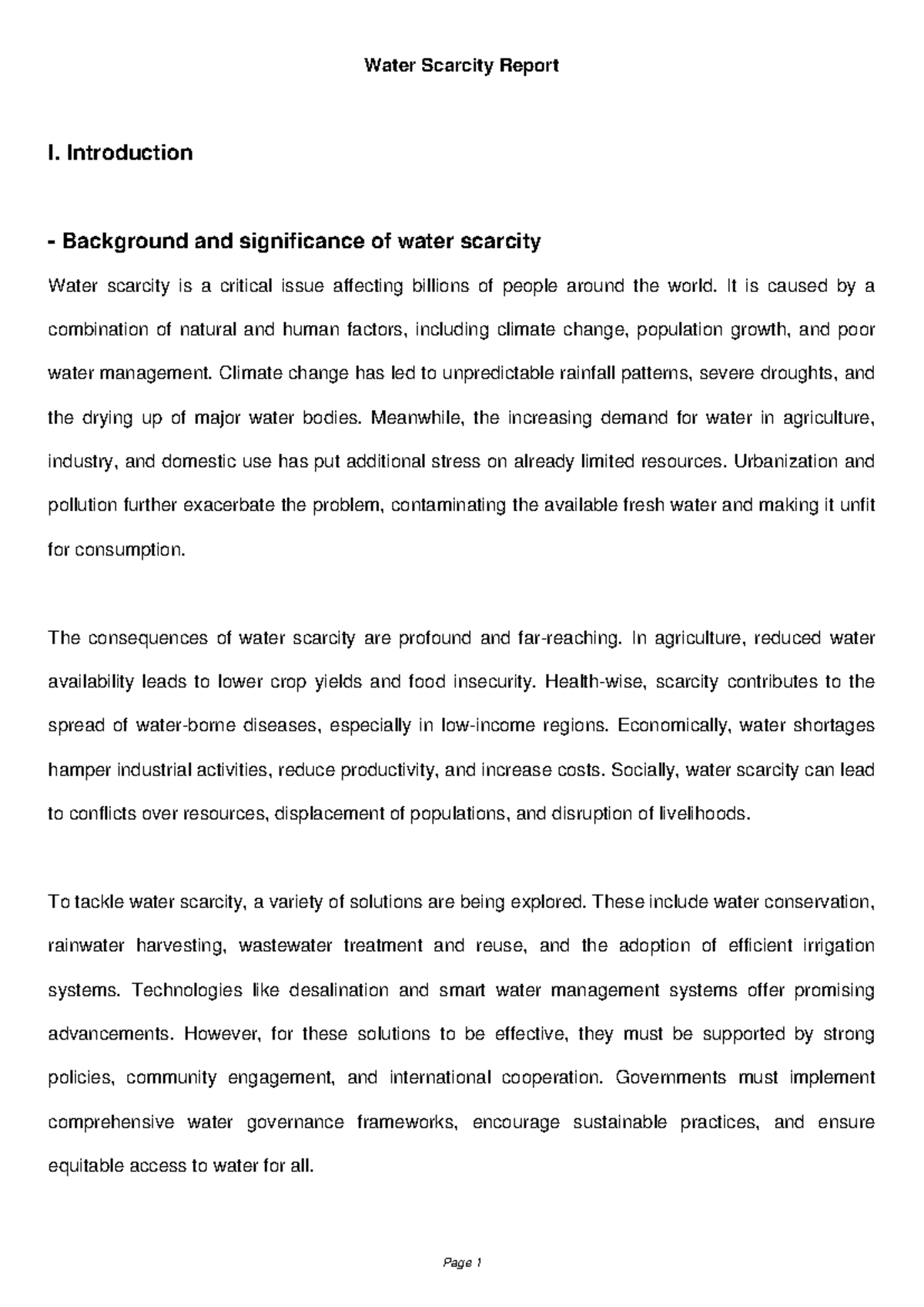 Water Scarcity Report 60Pages - I. Introduction - Background and ...