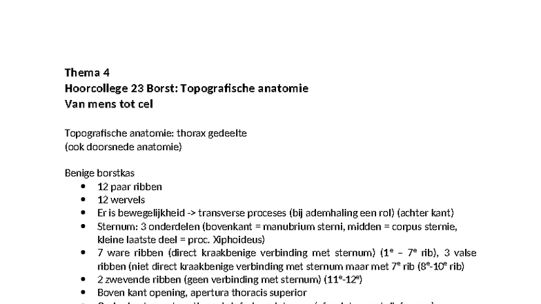 Thema 4 Hoorcollege 23: Topografische Anatomie van de Thorax - Studeersnel