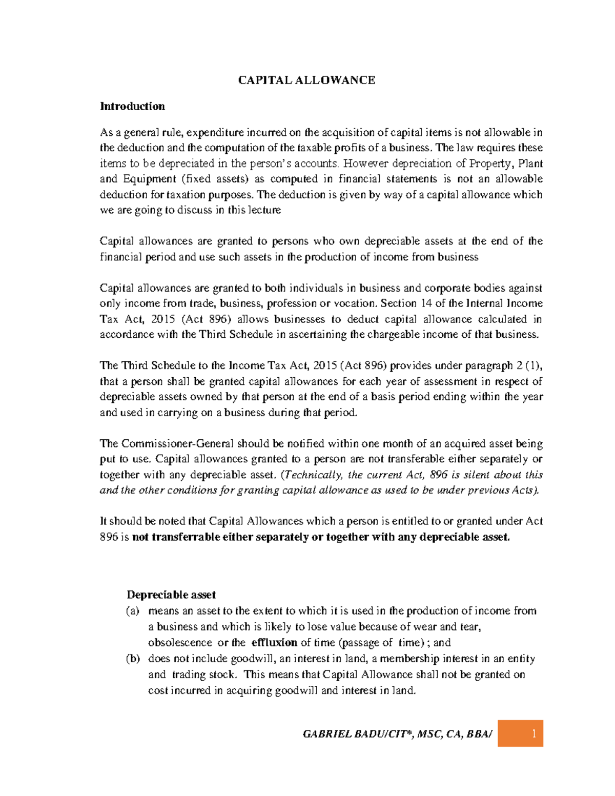 Capital Allowance Summary Notes (ACT 896) for Taxation Guidance - Studocu